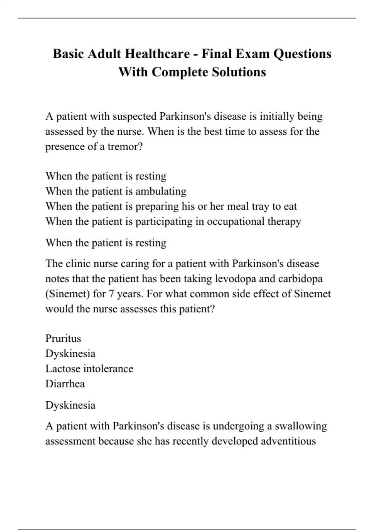 Basic Adult Healthcare - Final Exam Questions With Complete Solutions ...