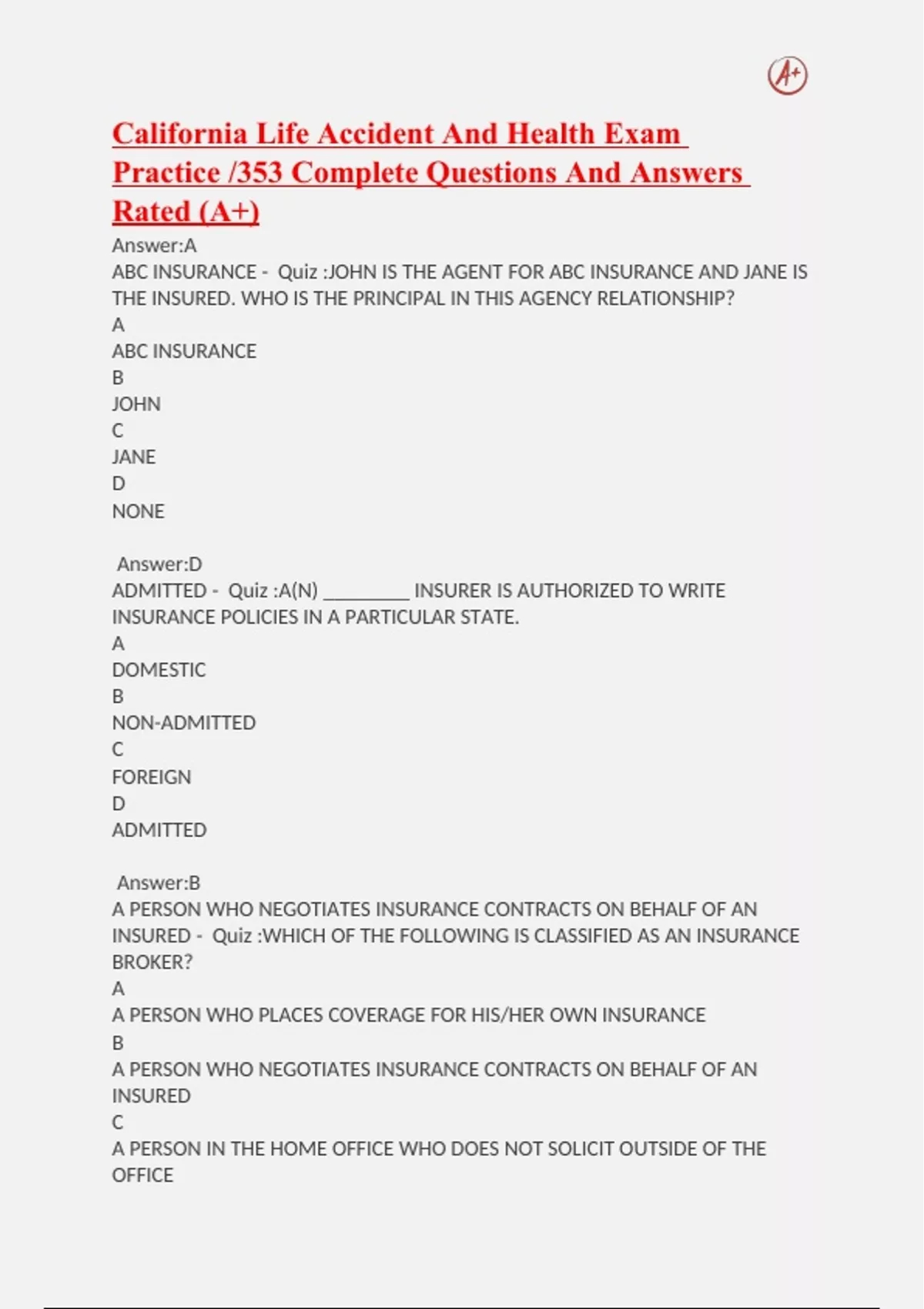 California Life Accident And Health Exam Practice /353 Complete ...