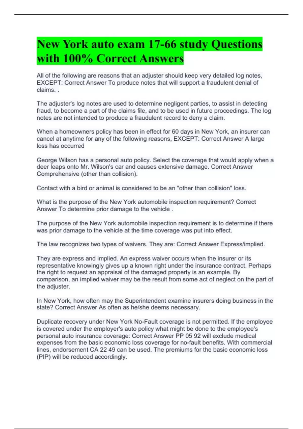 New York auto exam 17-66 study Questions with 100% Correct Answers ...