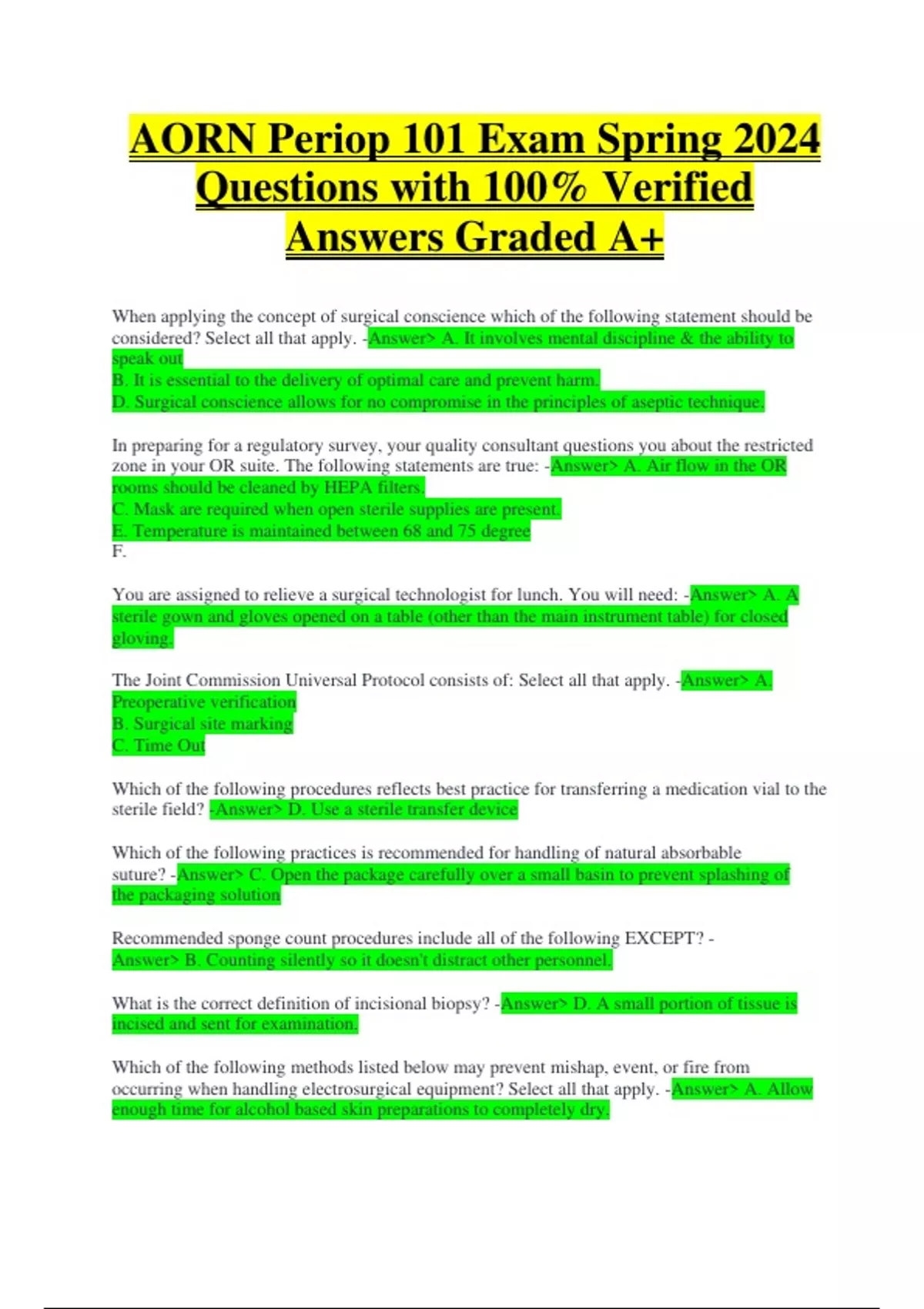 AORN Periop 101 Exam Spring 2024 Questions with 100% Verified Answers ...