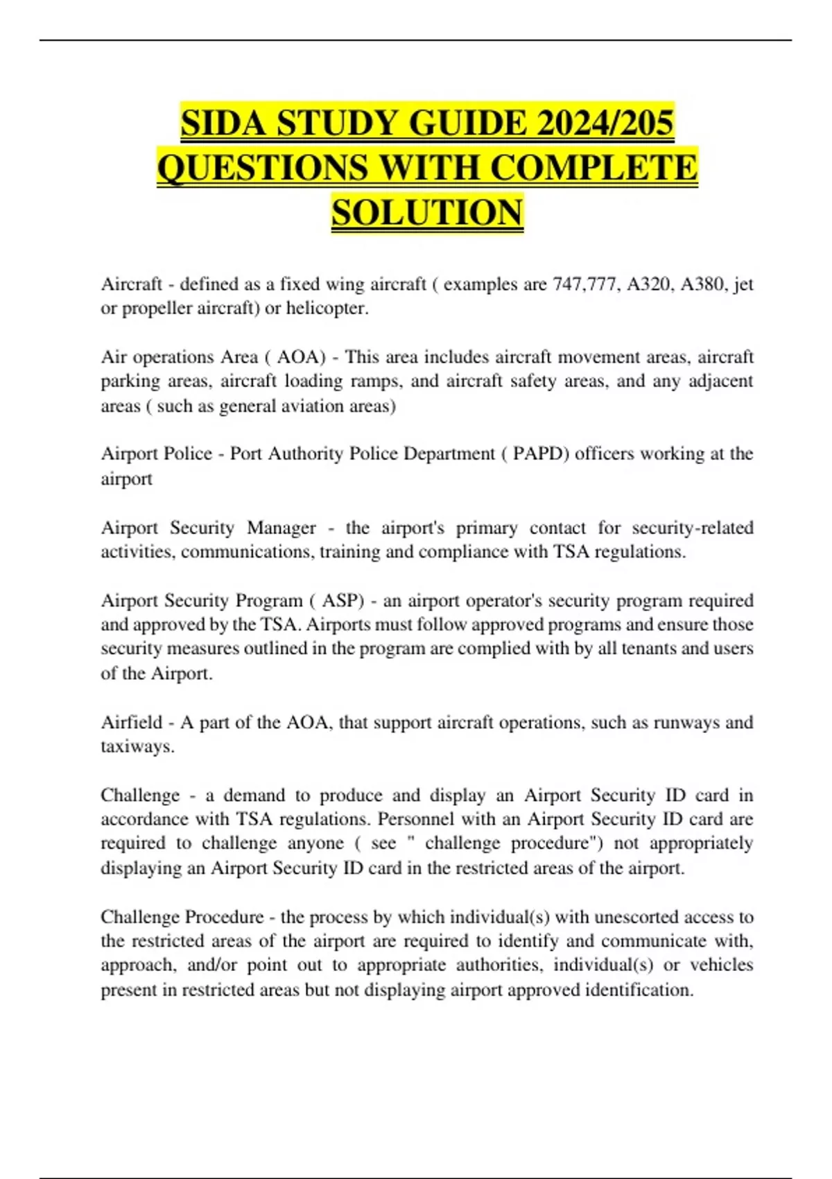 SIDA STUDY GUIDE 2024/2025 QUESTIONS WITH COMPLETE SOLUTION - SIDA ...