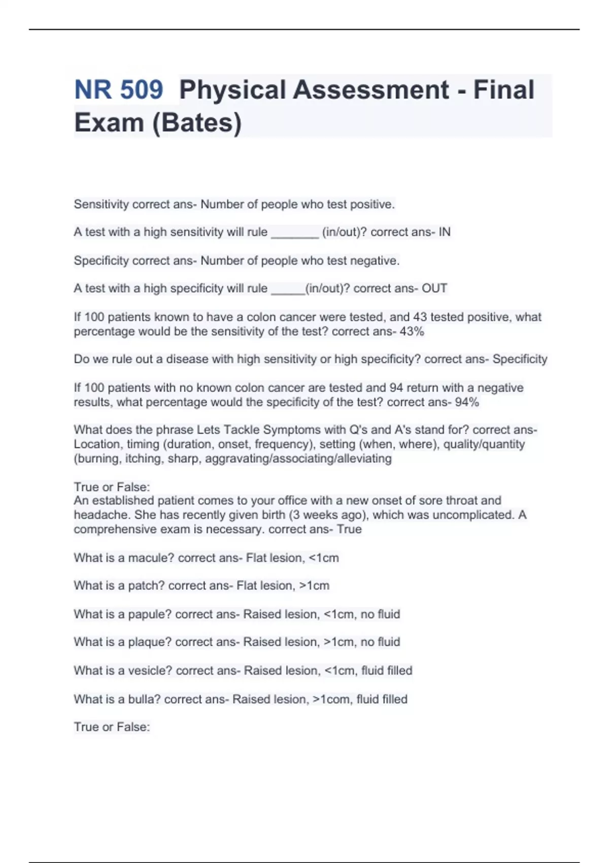 NR 509 Physical Assessment - Final Exam (Bates) Updated 2024/2025 ...