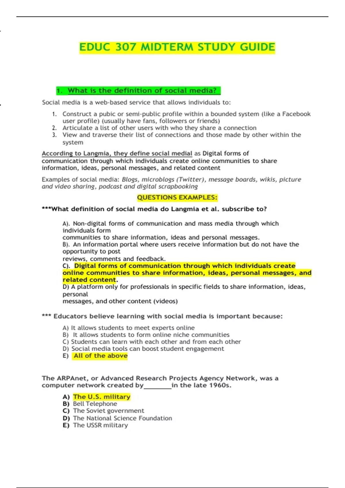 EDUC 307 QUIZZES AND MIDTERM STUDY GUIDE PACKAGE - CONCORDIA UNIVERSITY ...