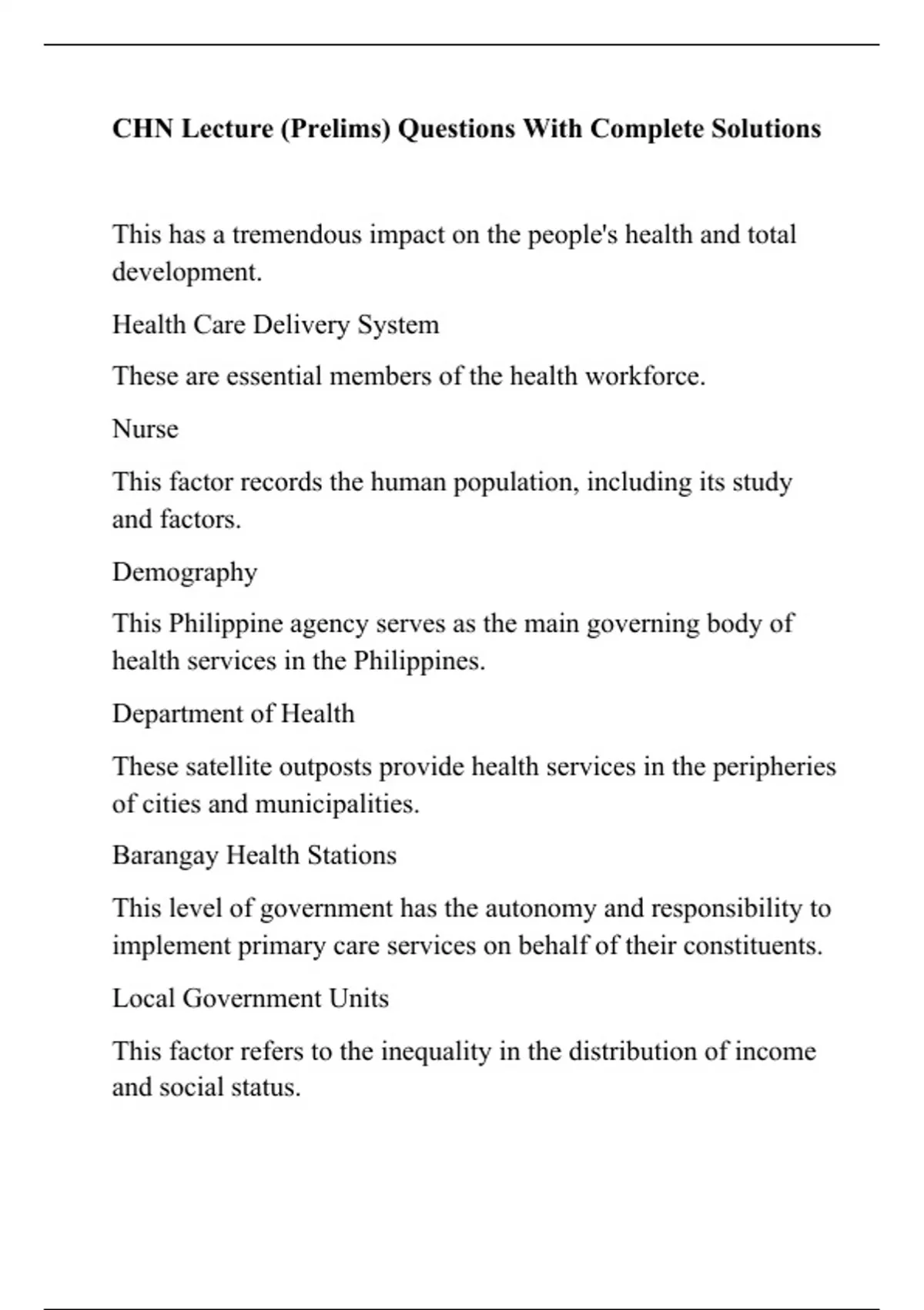 CHN Lecture (Prelims) Questions With Complete Solutions - Community Health Nursing - Stuvia US