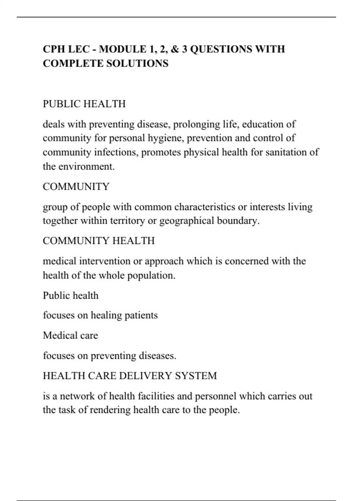 CPH LEC - MODULE 1, 2, & 3 QUESTIONS WITH COMPLETE SOLUTIONS - CPH - Certified in Public Health ...