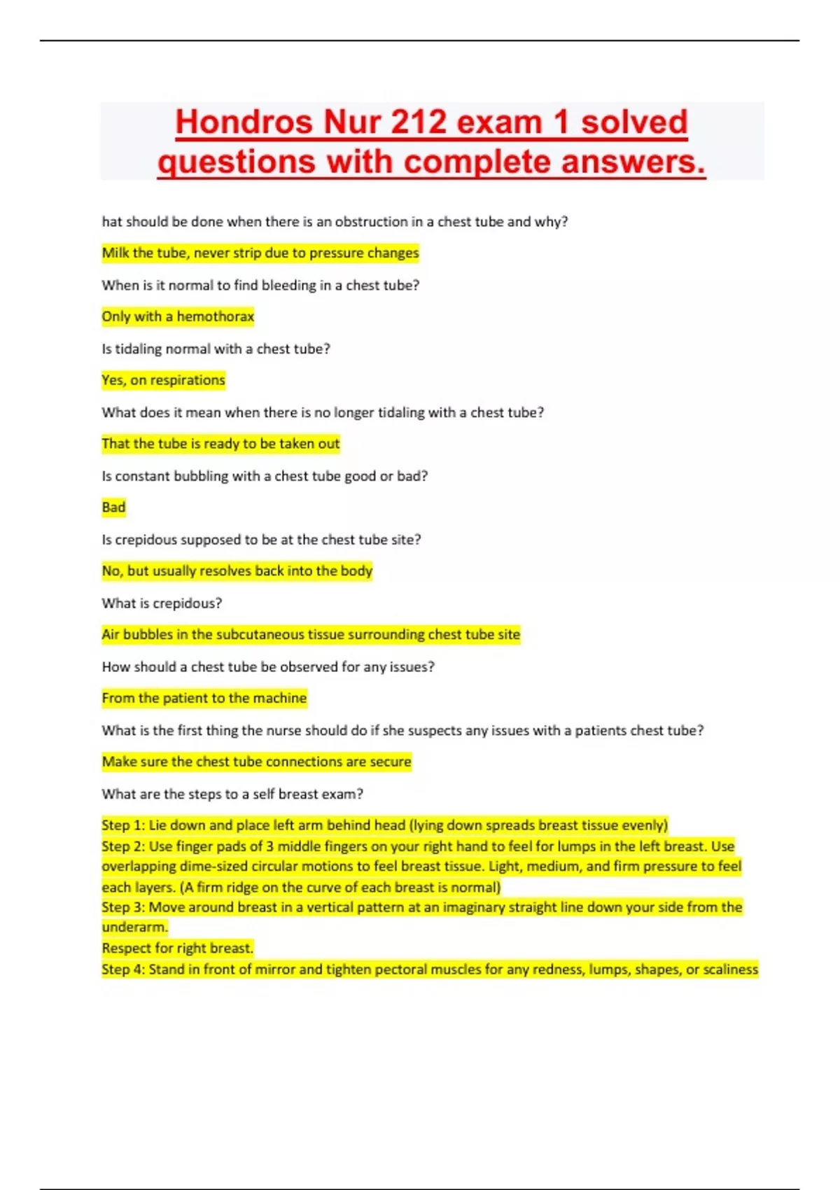 Hondros Nur 212 exam 1 solved questions with complete answers. - Hondros Nur 212 - Stuvia US