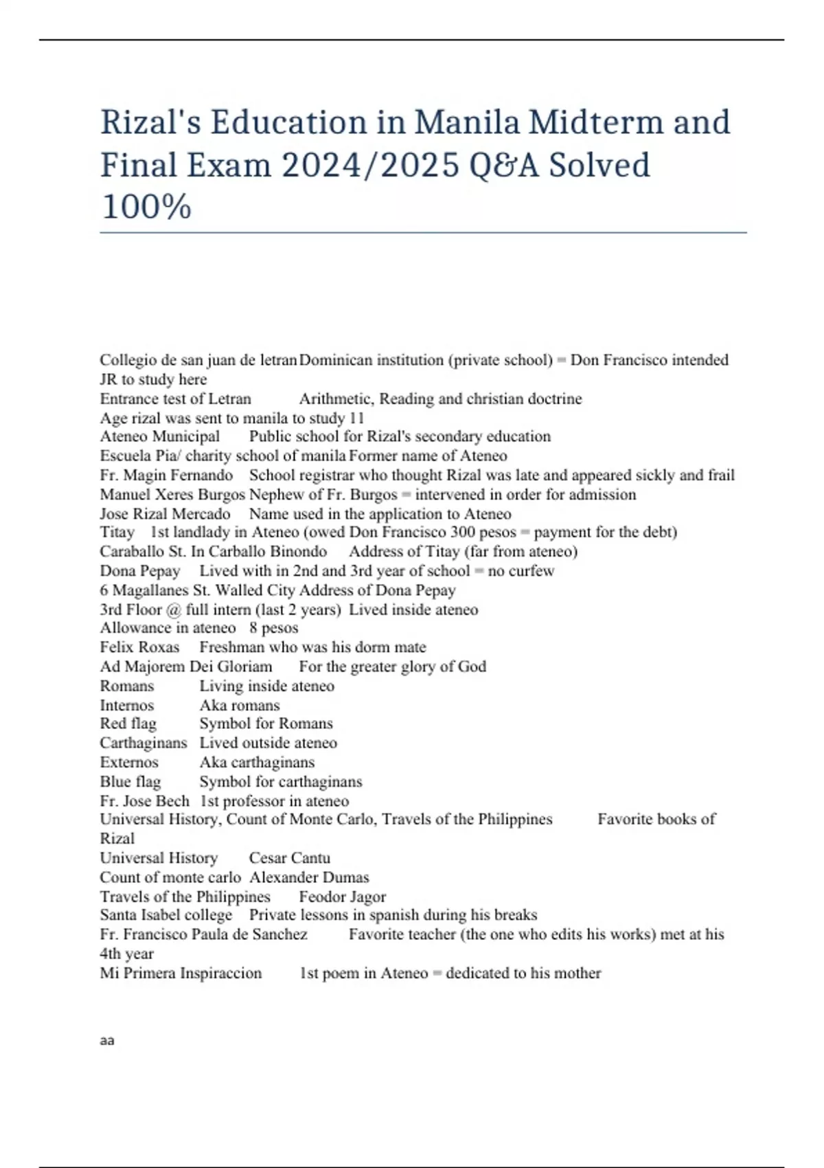Rizal's Education in Manila Midterm and Final Exam 2024/2025 Q&A Solved 100% - Rizal\'s ...