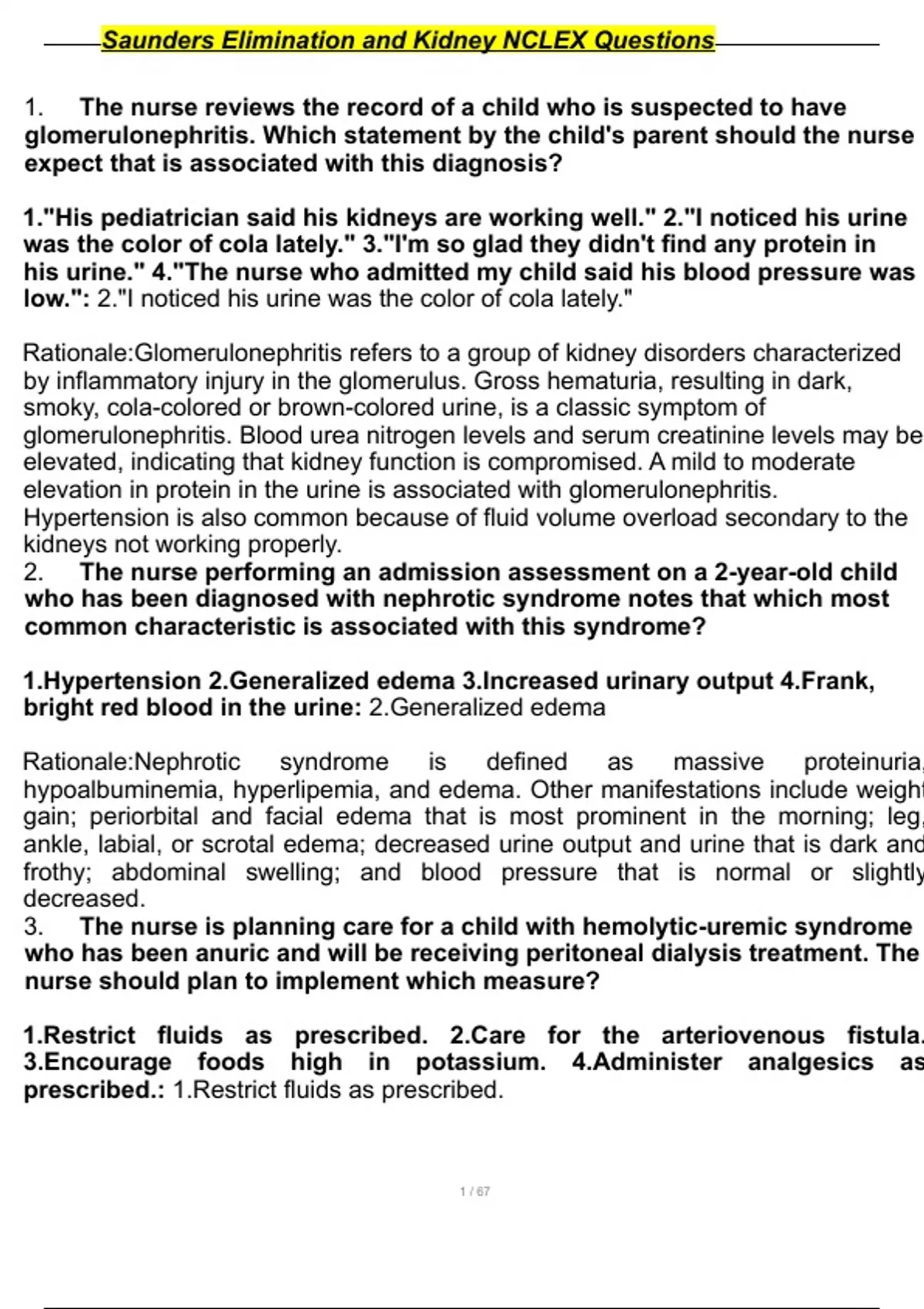 Saunders NCLEX Renal Questions And Answers 2023 Update A+ Latest 2023 ...
