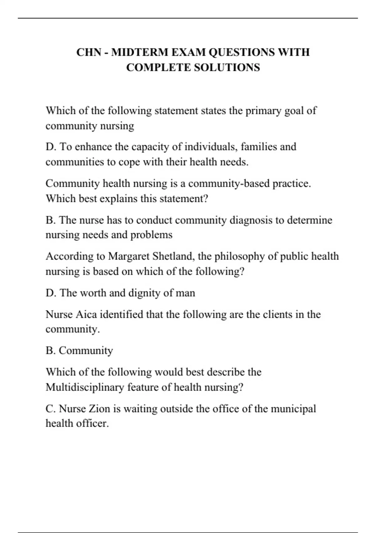 CHN - MIDTERM EXAM QUESTIONS WITH COMPLETE SOLUTIONS - Community Health Nursing - Stuvia US