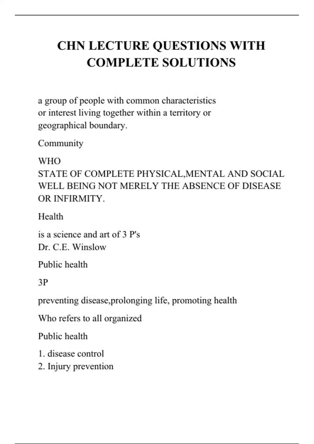 CHN LECTURE QUESTIONS WITH COMPLETE SOLUTIONS - Community Health Nursing - Stuvia US