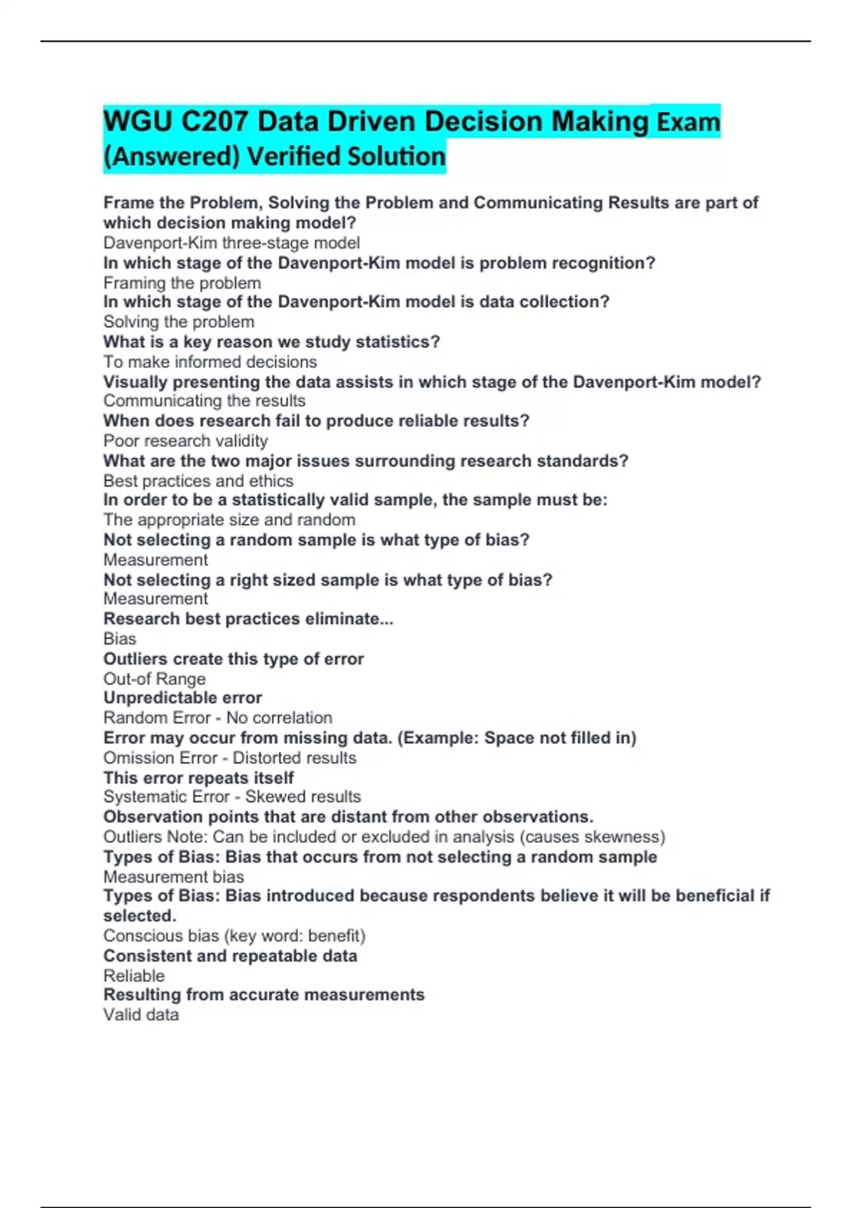 WGU C207 Data Driven Decision Making Exam (Answered) Verified Solution ...