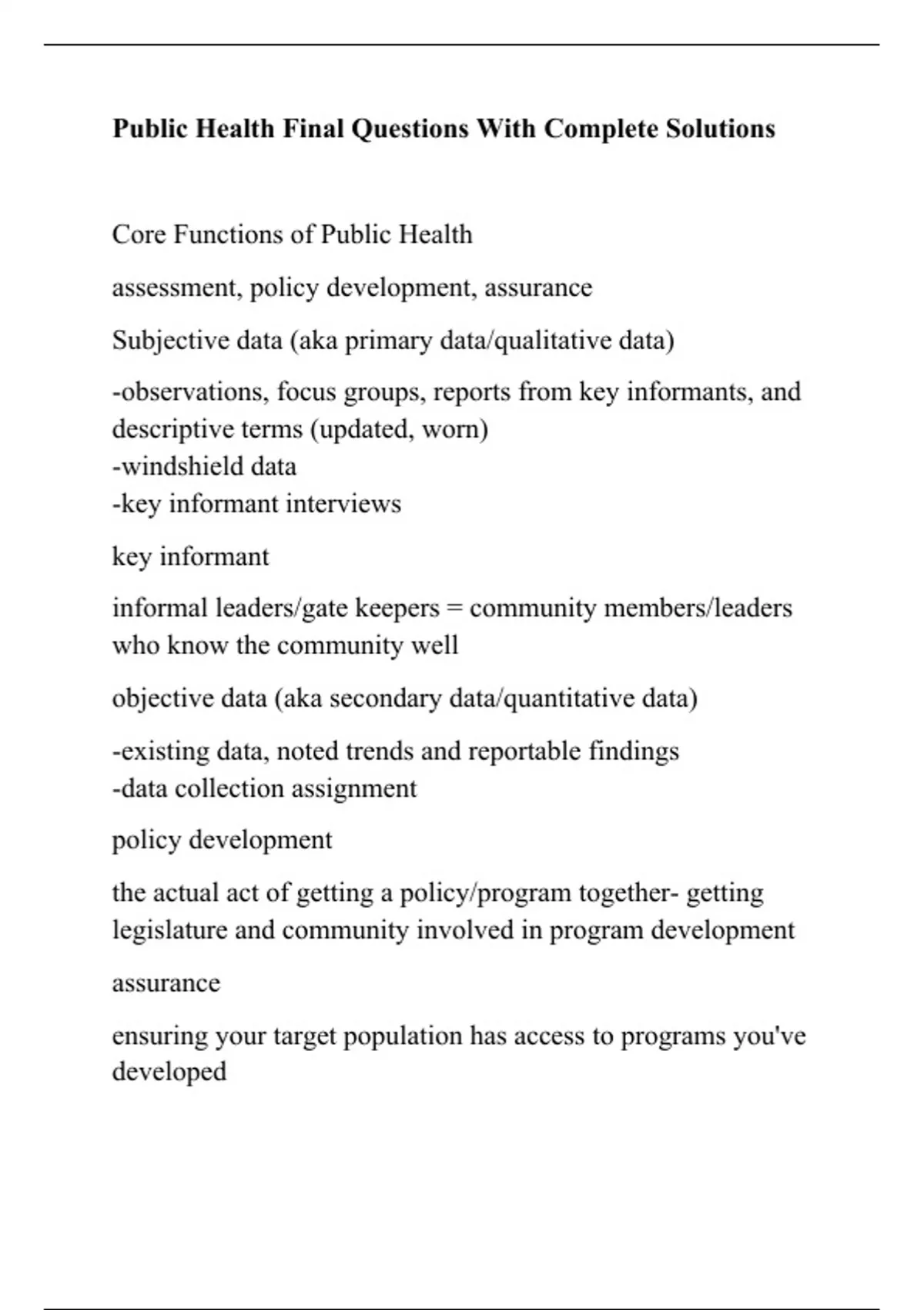 Public Health Final Questions With Complete Solutions - Public health ...