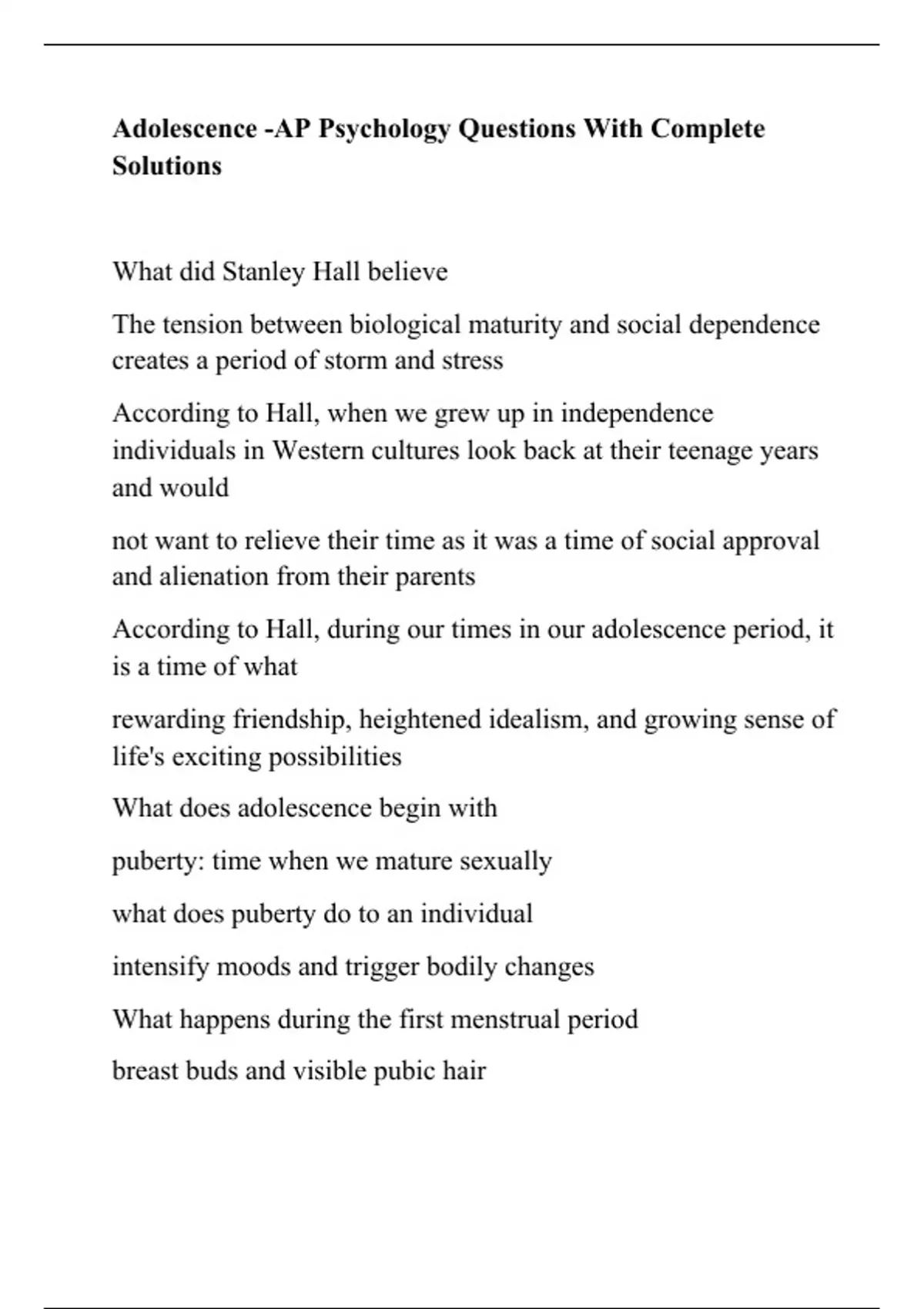 Adolescence -AP Psychology Questions With Complete Solutions - A&P ...