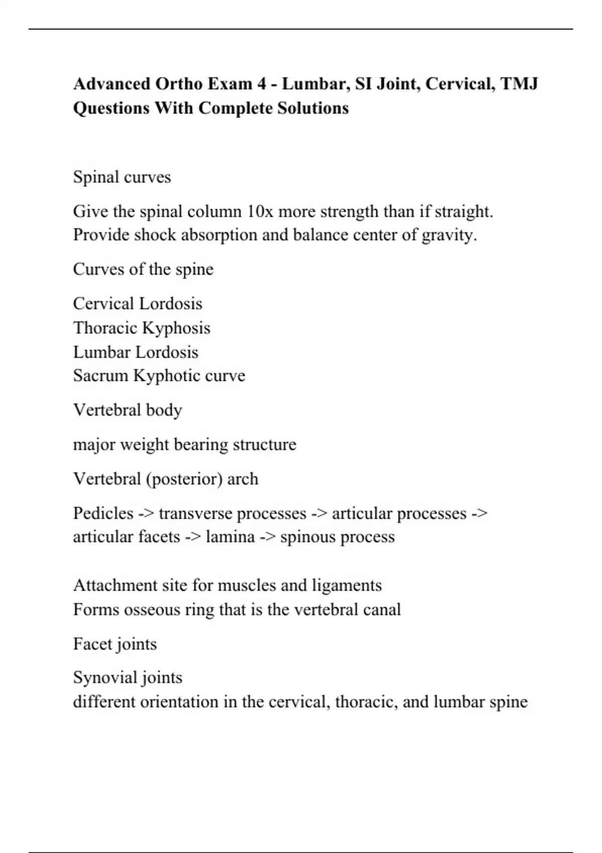 Advanced Ortho Exam 4 - Lumbar, SI Joint, Cervical, TMJ Questions With Complete Solutions ...