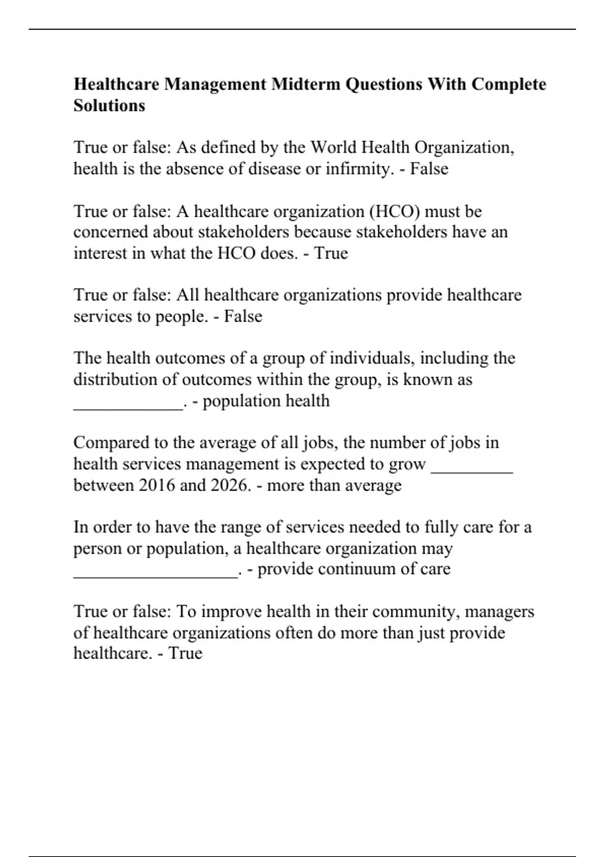 Healthcare Management Midterm Questions With Complete Solutions ...