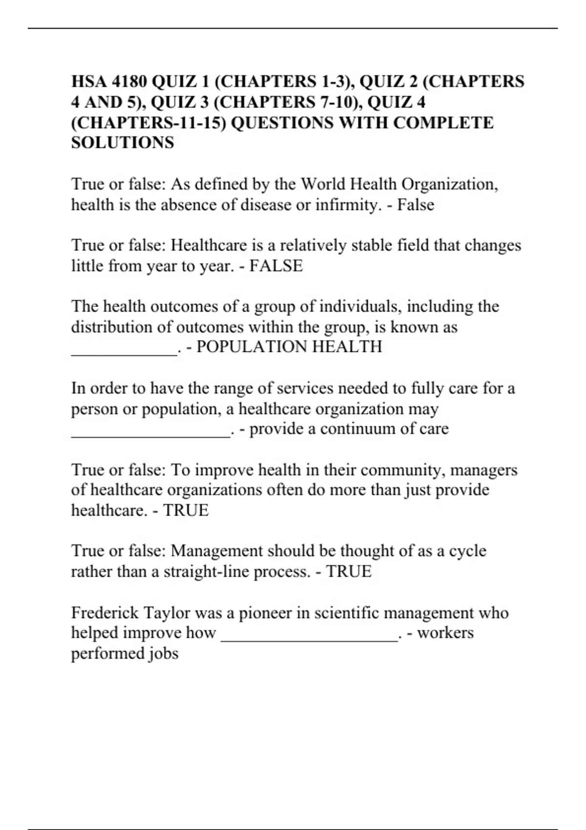 HSA 4180 QUIZ 1 (CHAPTERS 1-3), QUIZ 2 (CHAPTERS 4 AND 5), QUIZ 3 (CHAPTERS 7-10), QUIZ 4 ...