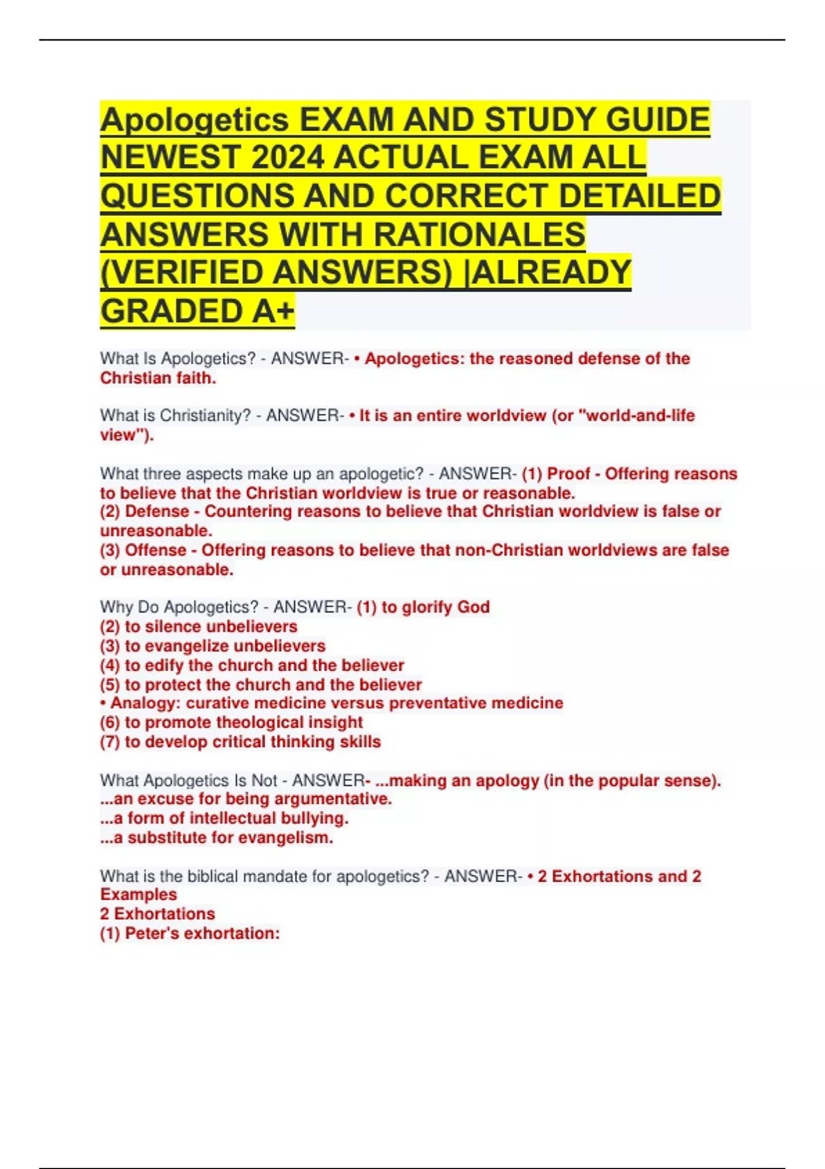 Apologetics EXAM AND STUDY GUIDE NEWEST 2024 ACTUAL EXAM ALL QUESTIONS ...