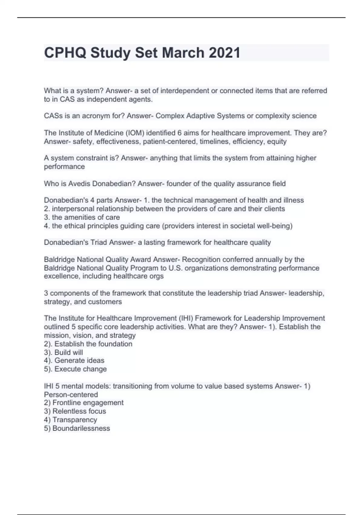 CPHQ Study Questions and Answers set 2024 with complete solution - CPHQ - Stuvia US