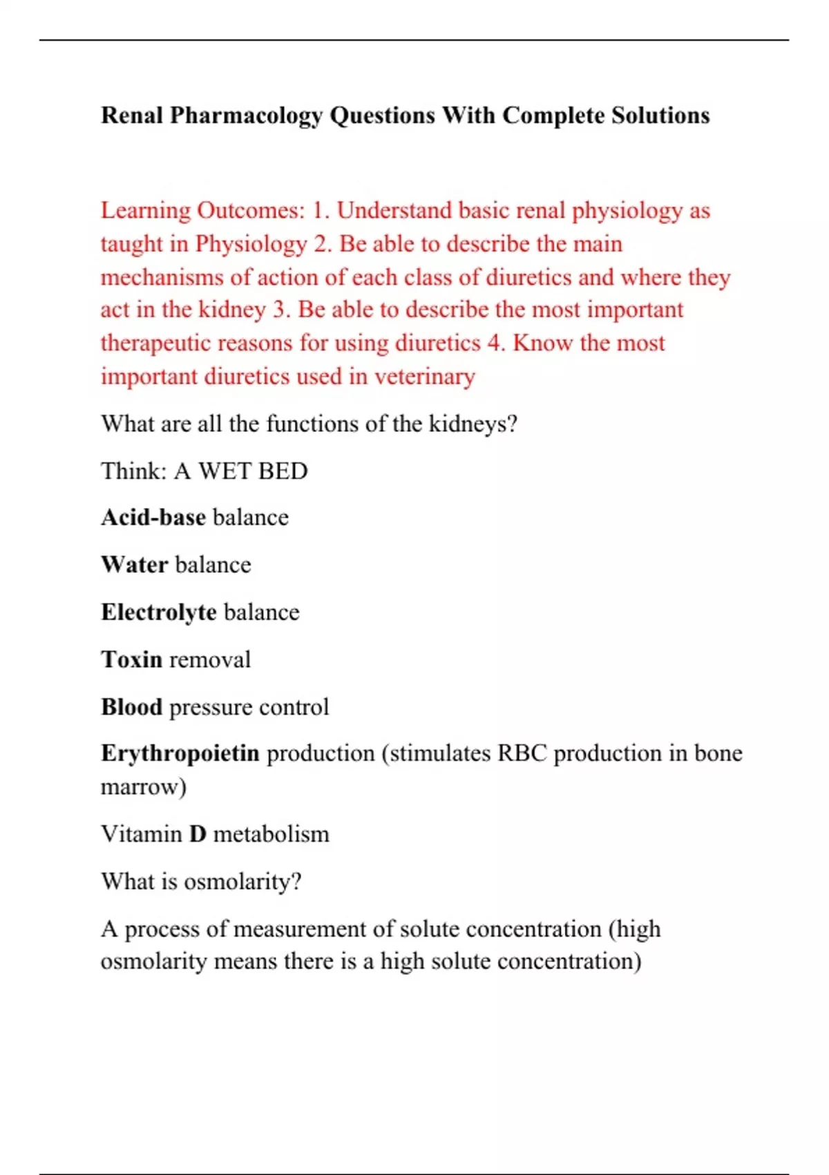 Renal Pharmacology Questions With Complete Solutions - Pharmacology - Stuvia US
