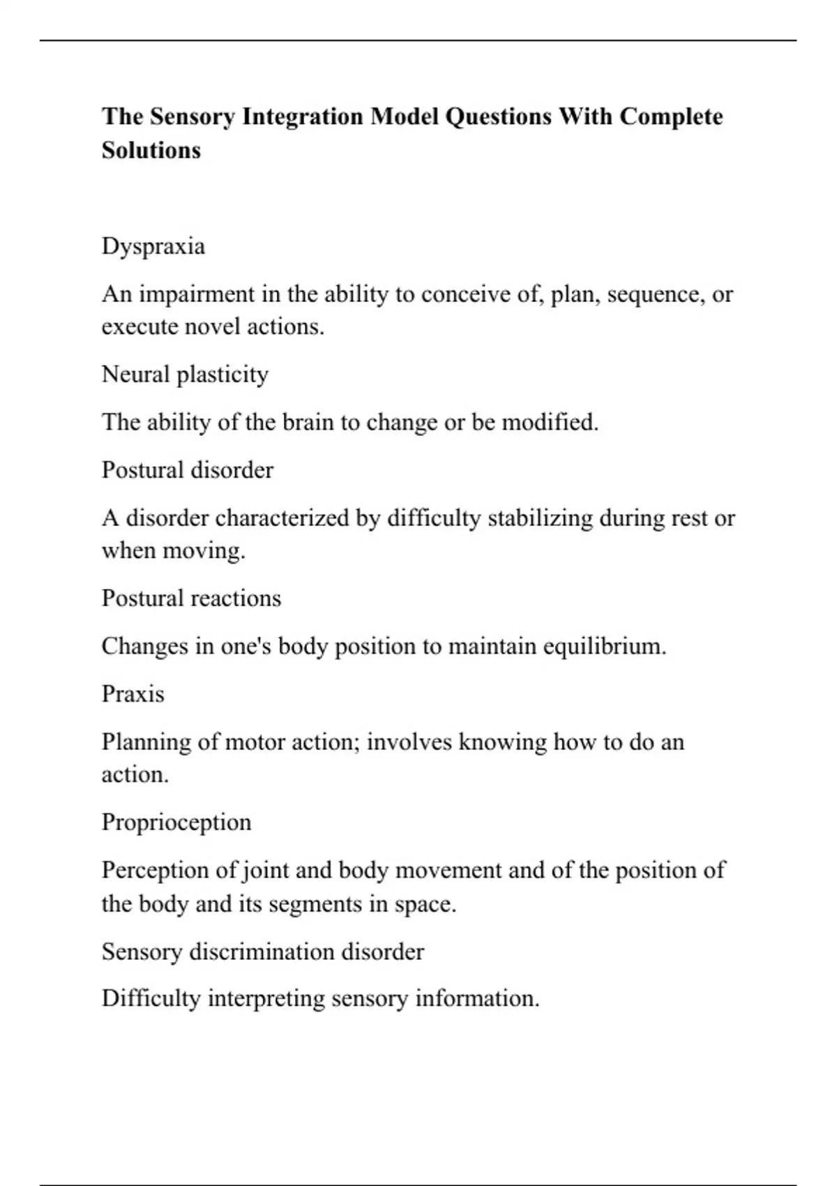 The Sensory Integration Model Questions With Complete Solutions - The ...