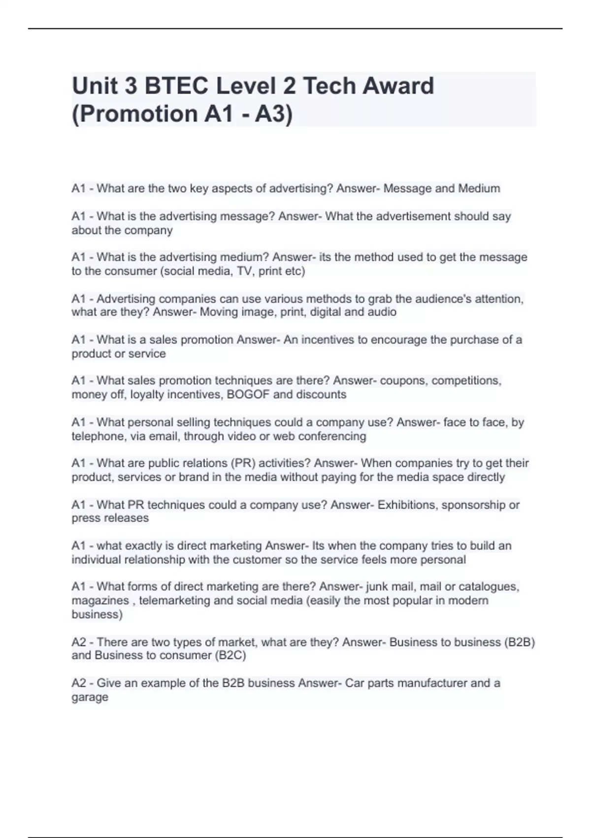 Unit 3 BTEC Level 2 Tech Award (Promotion A1 - A3) - Nursing course ...