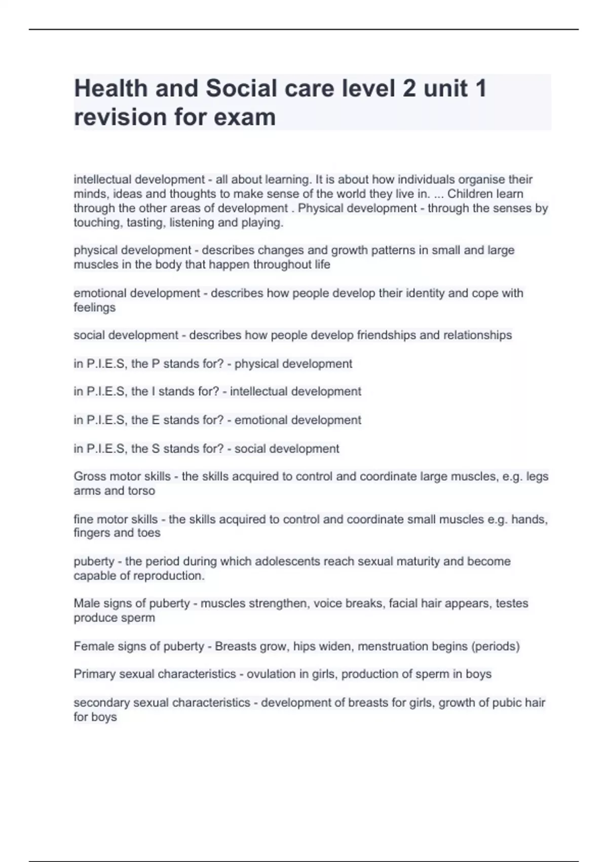 Health and Social care level 2 unit 1 revision for exam 2024 - Nursing course - Stuvia US