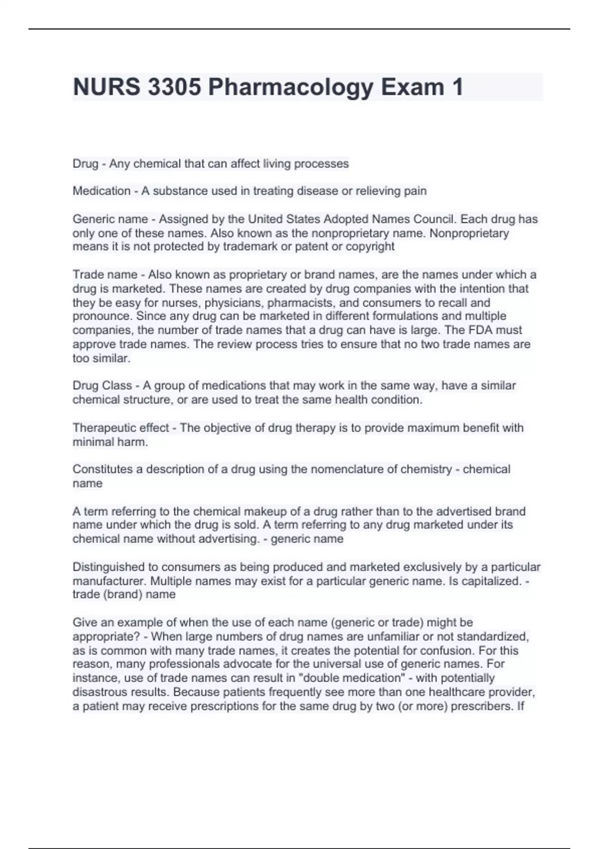 NURS 3305 Pharmacology Exam 1 Updated 2024/2025 Q&A with complete ...