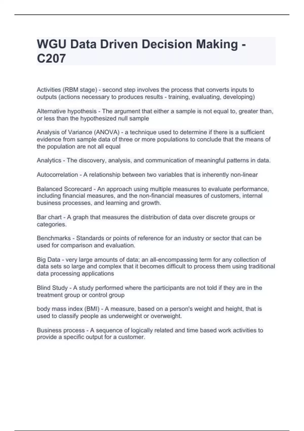 WGU C207 Data Driven Decision Making Updated 2024 with complete ...