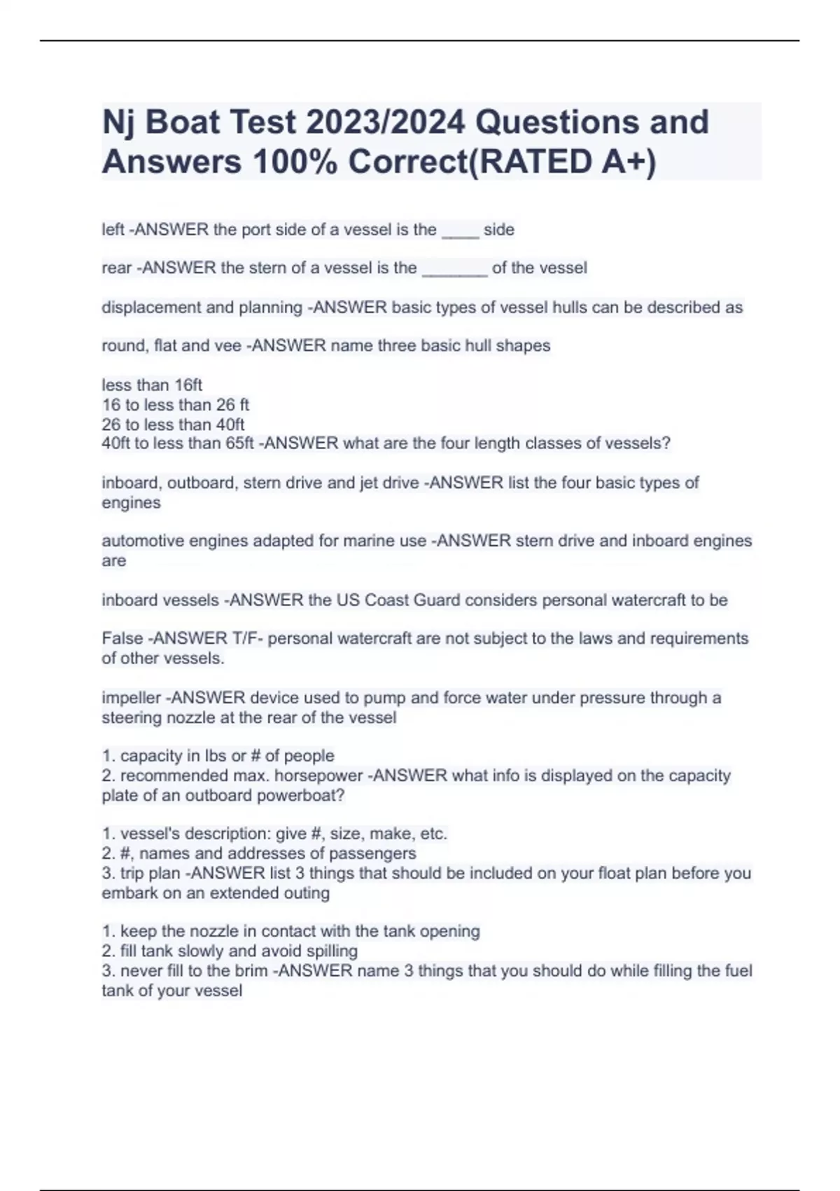 Nj Boat Test 2023/2024 Questions and Answers 100% Correct(RATED A+ ...