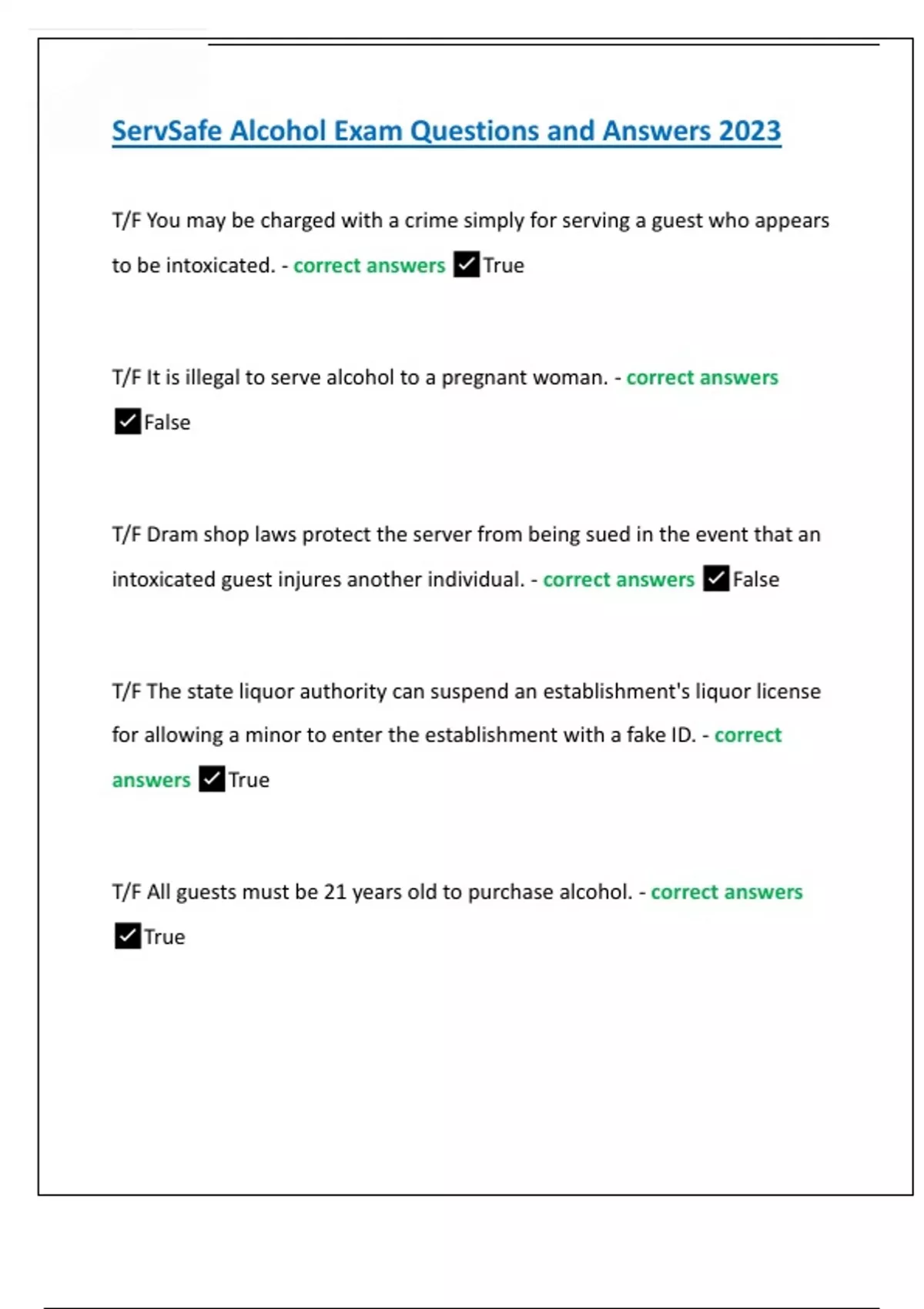 ServSafe Alcohol Exam Questions And Answers 2023 ServSafe Alcohol