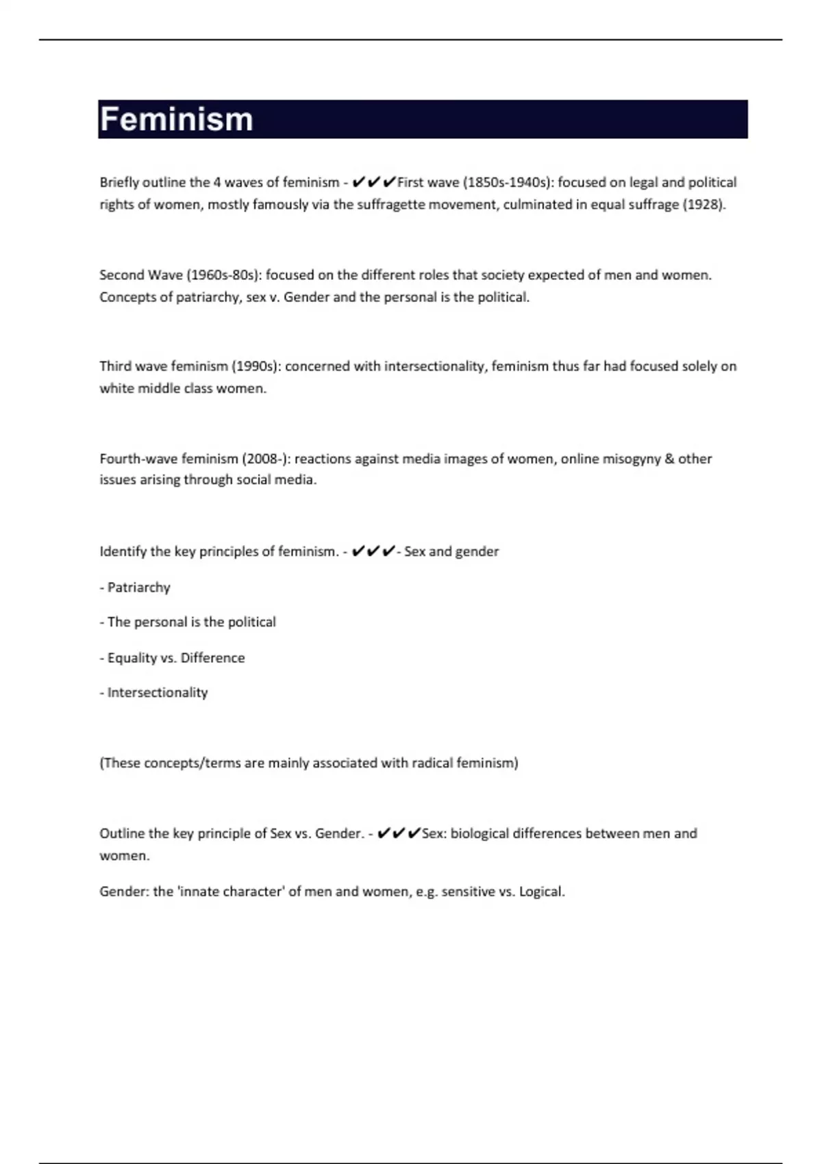 Feminism QUESTIONS AND ANSWERS 100% PASSED - FEMINISM - Stuvia US