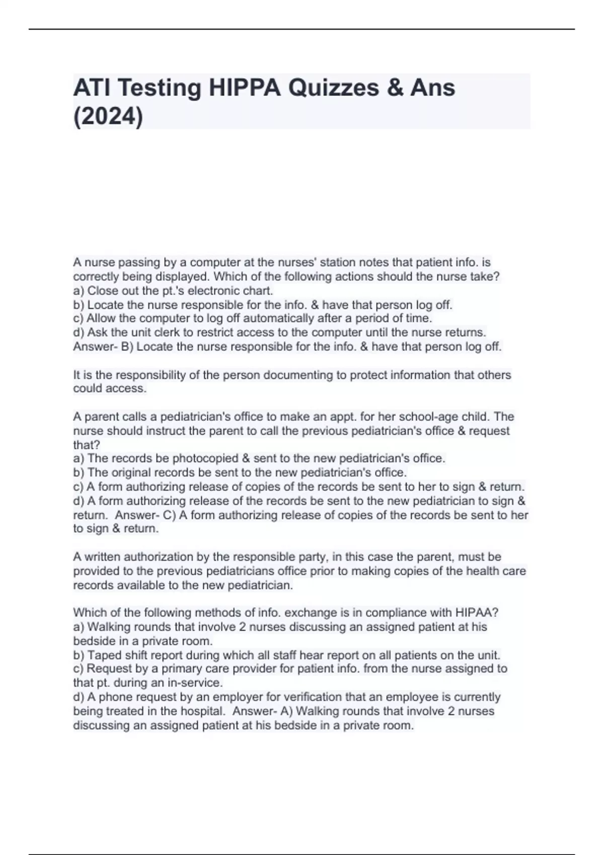 ATI Testing HIPPA Quizzes & Ans (2024) - ATI HIPPA - Stuvia UK