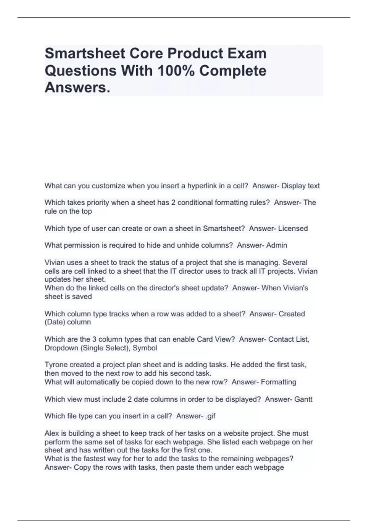 Smartsheet Core Product Exam Questions With 100% Complete Answers ...