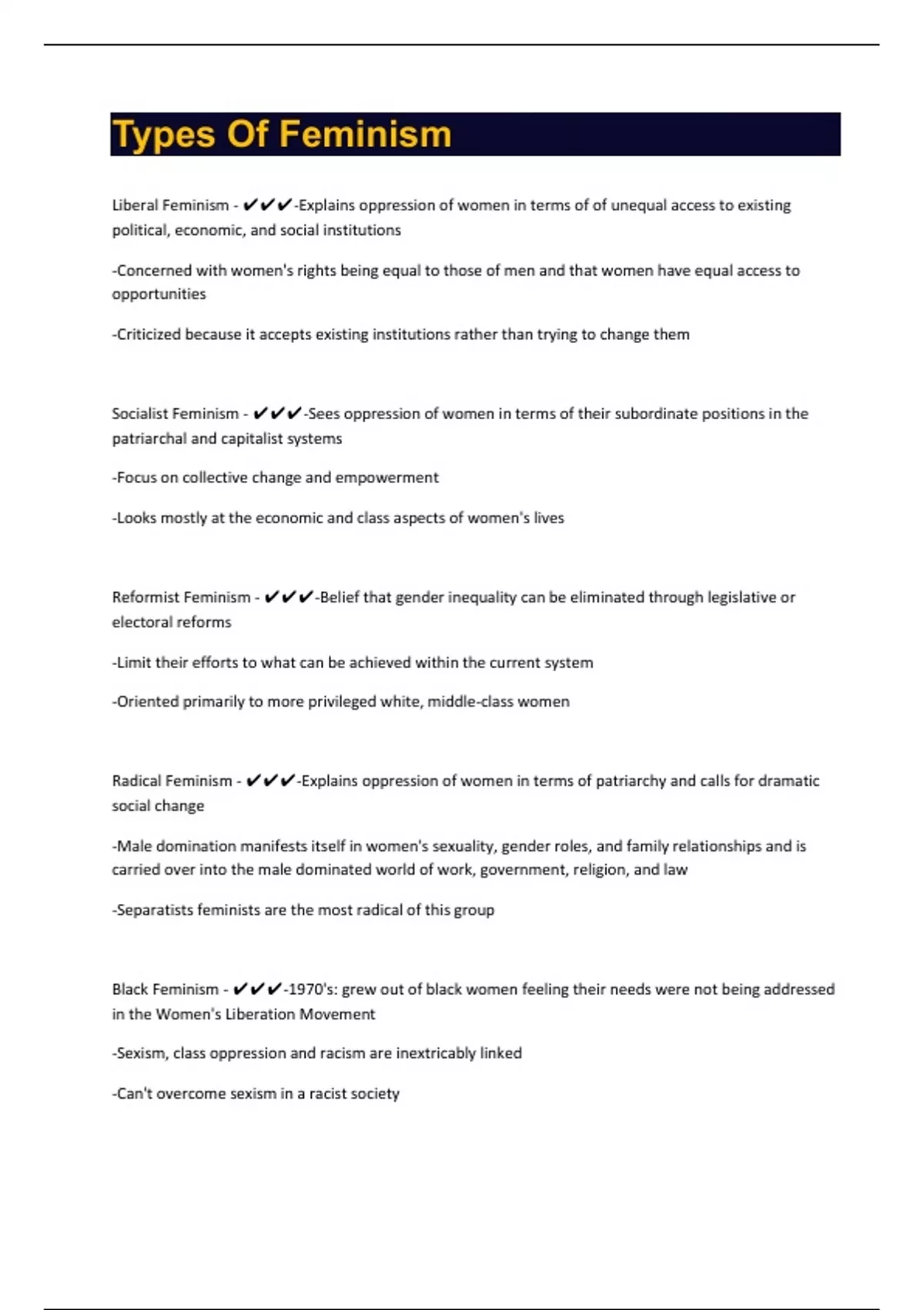 Types Of Feminism - FEMINISM - Stuvia US