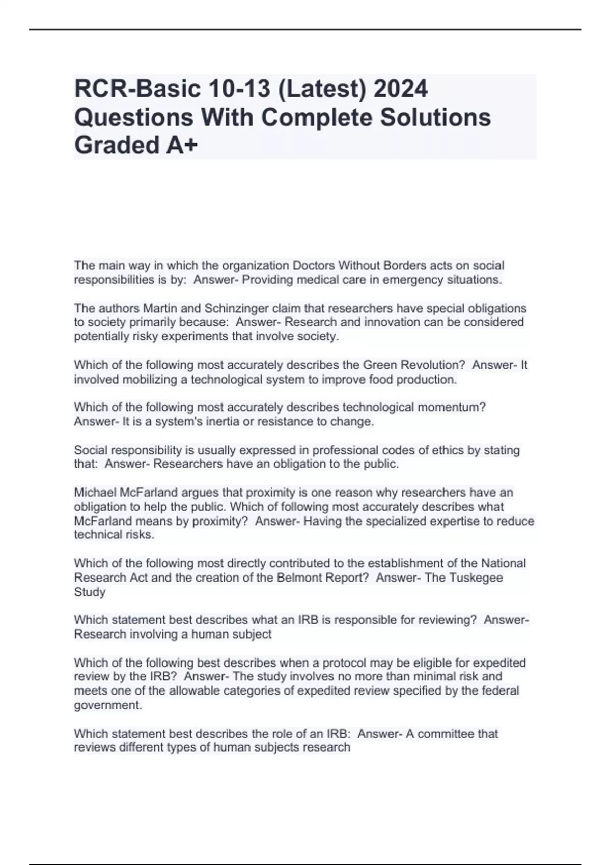 RCR-Basic 10-13 (Latest) 2024 Questions With Complete Solutions Graded ...