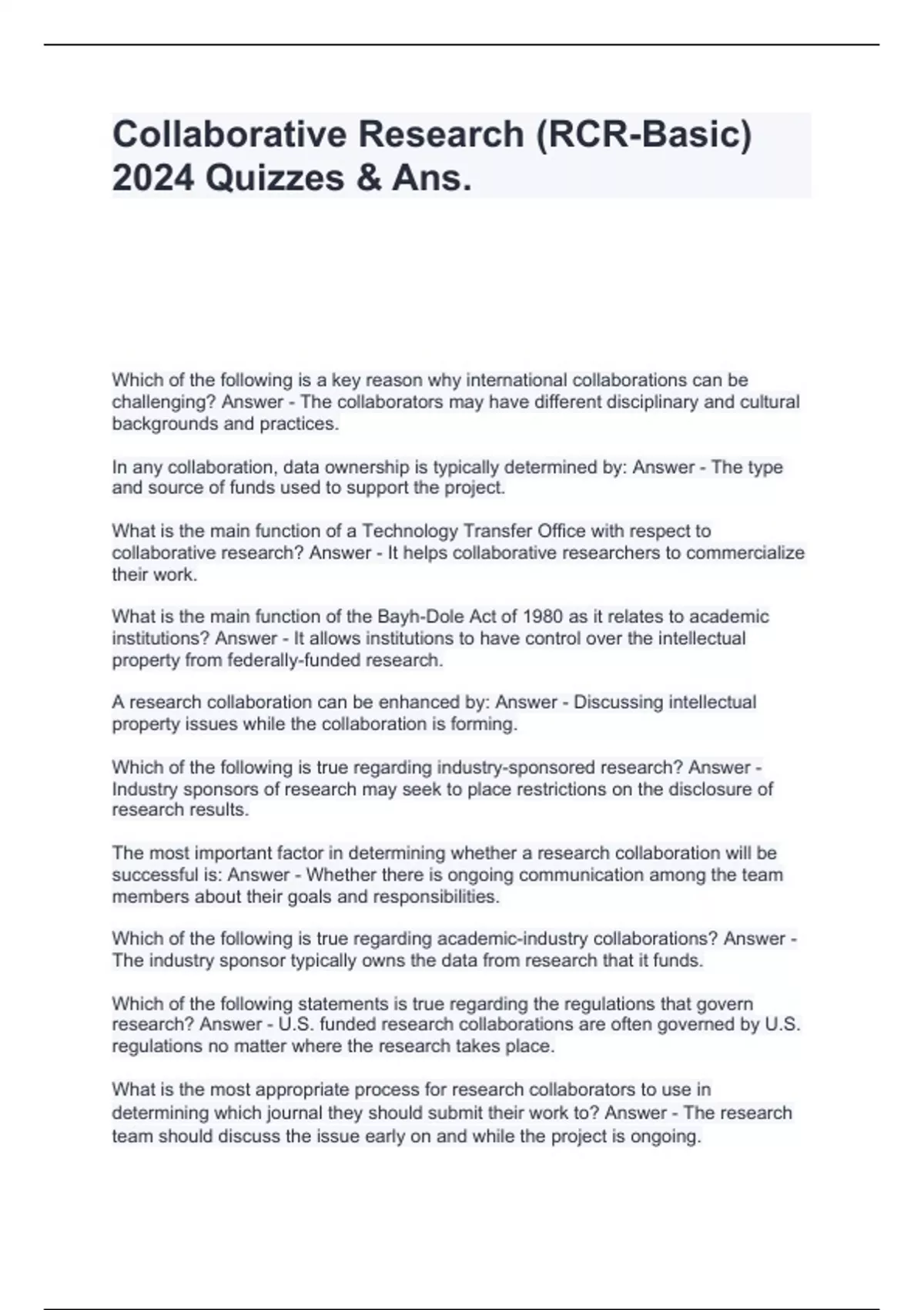 Collaborative Research (RCR-Basic) 2024 Quizzes & Ans. - RCR - Stuvia NL