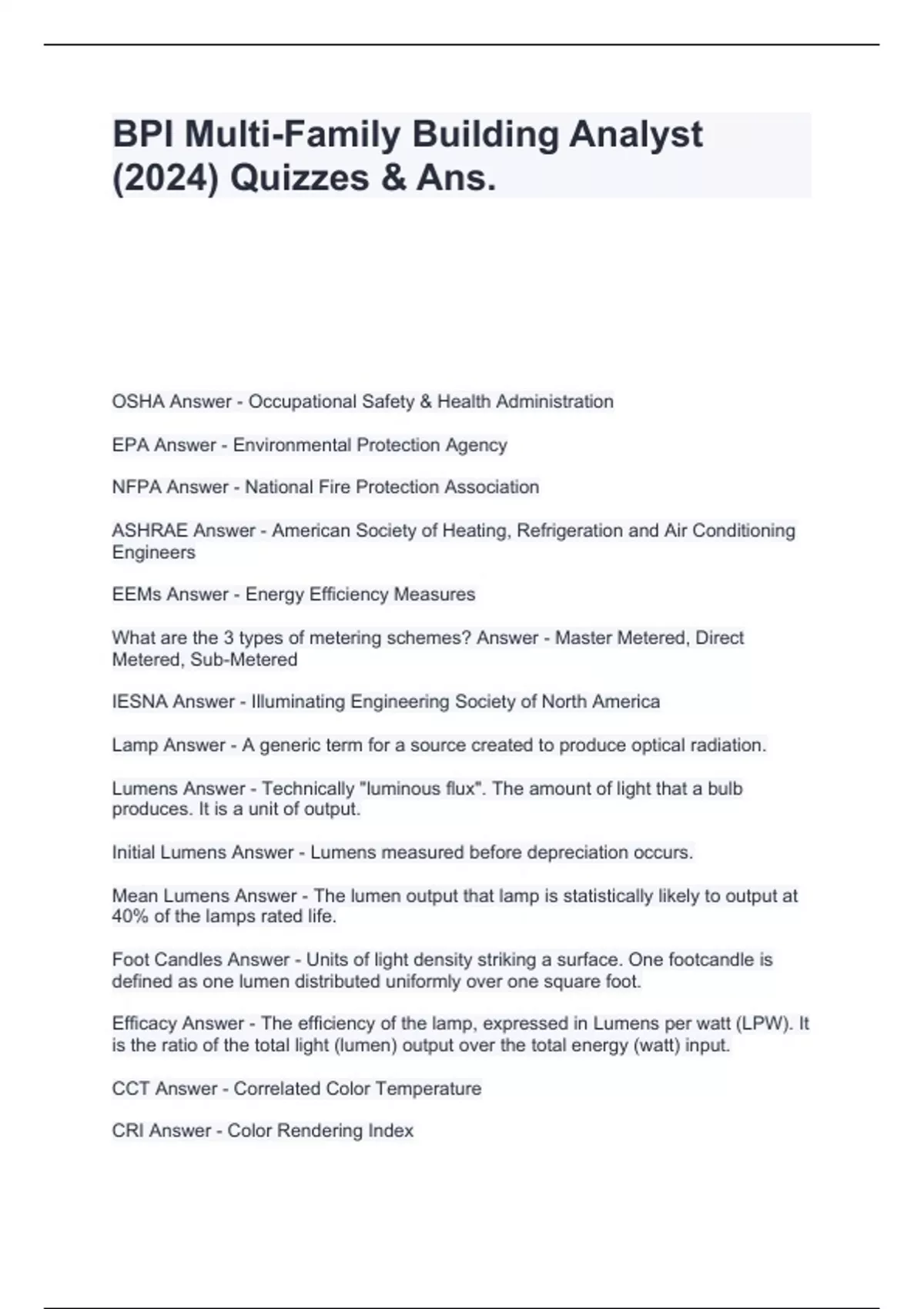 BPI Multi-Family Building Analyst (2024) Quizzes & Ans.(Info was taken from a training manual ...