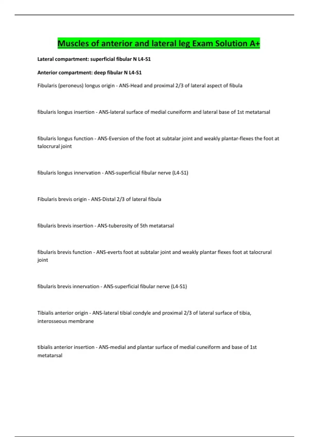 Muscles of anterior and lateral leg Exam Solution A+ - Muscles of ...