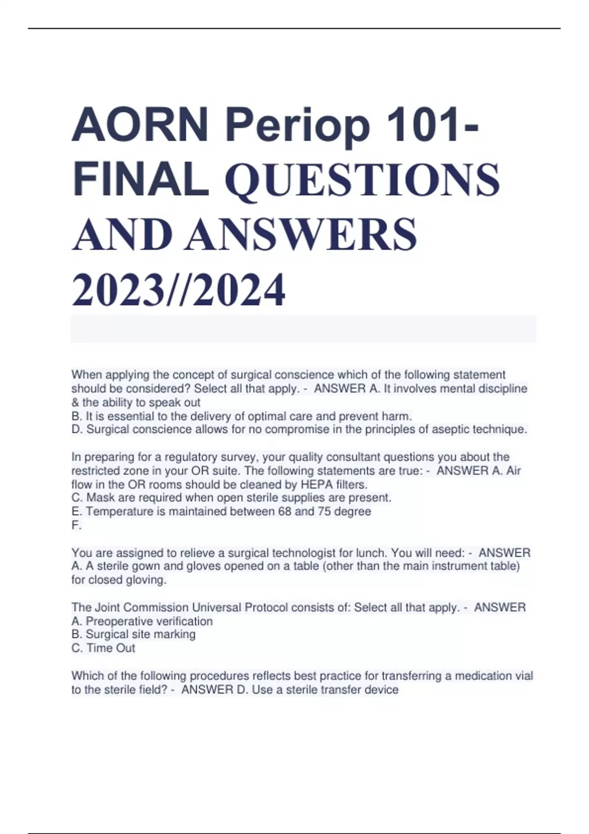 AORN Periop 101- FINAL QUESTIONS AND ANSWERS 2023//2024 - AORN Periop ...