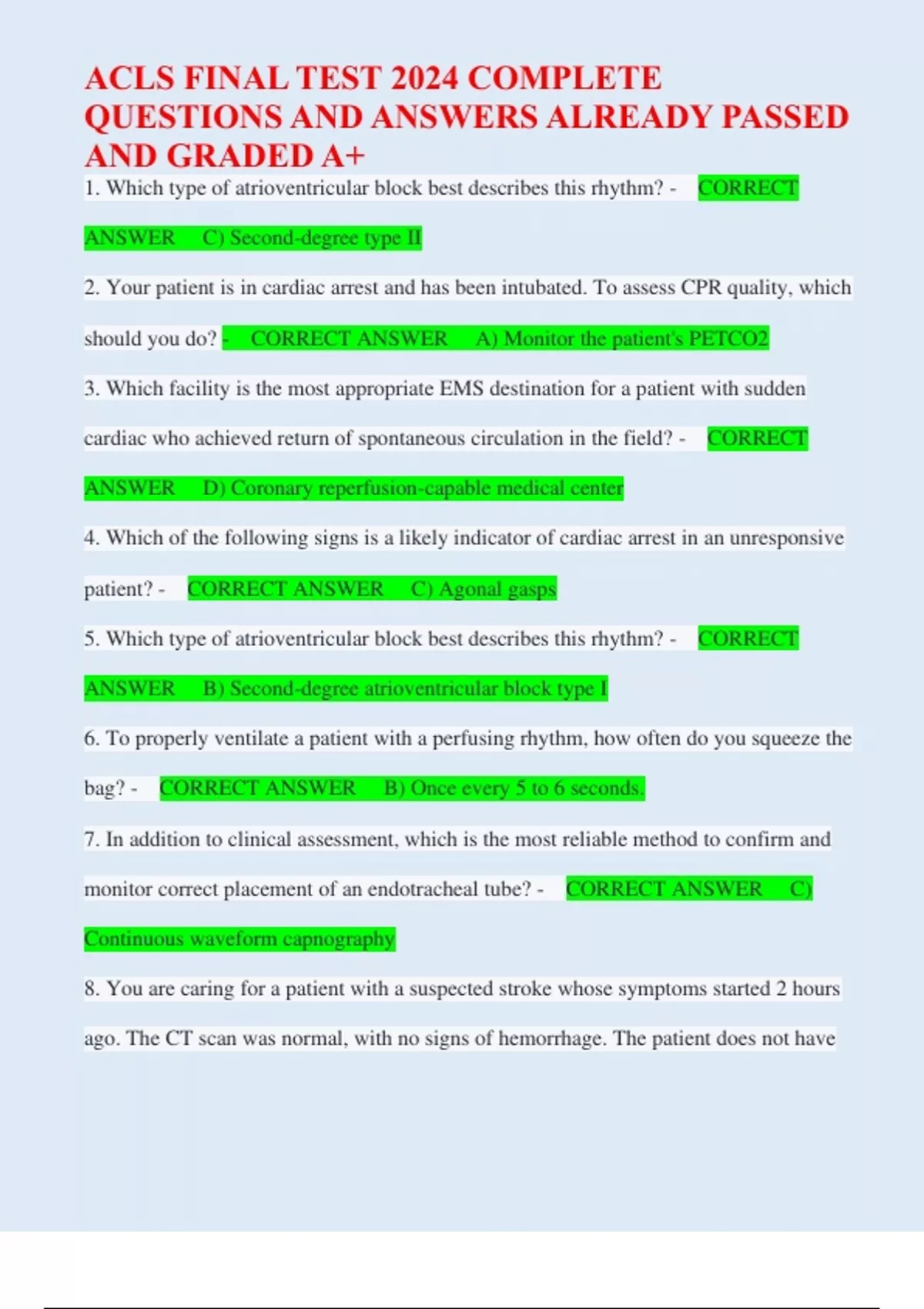 ACLS FINAL TEST 2024 COMPLETE QUESTIONS AND ANSWERS ALREADY PASSED AND ...