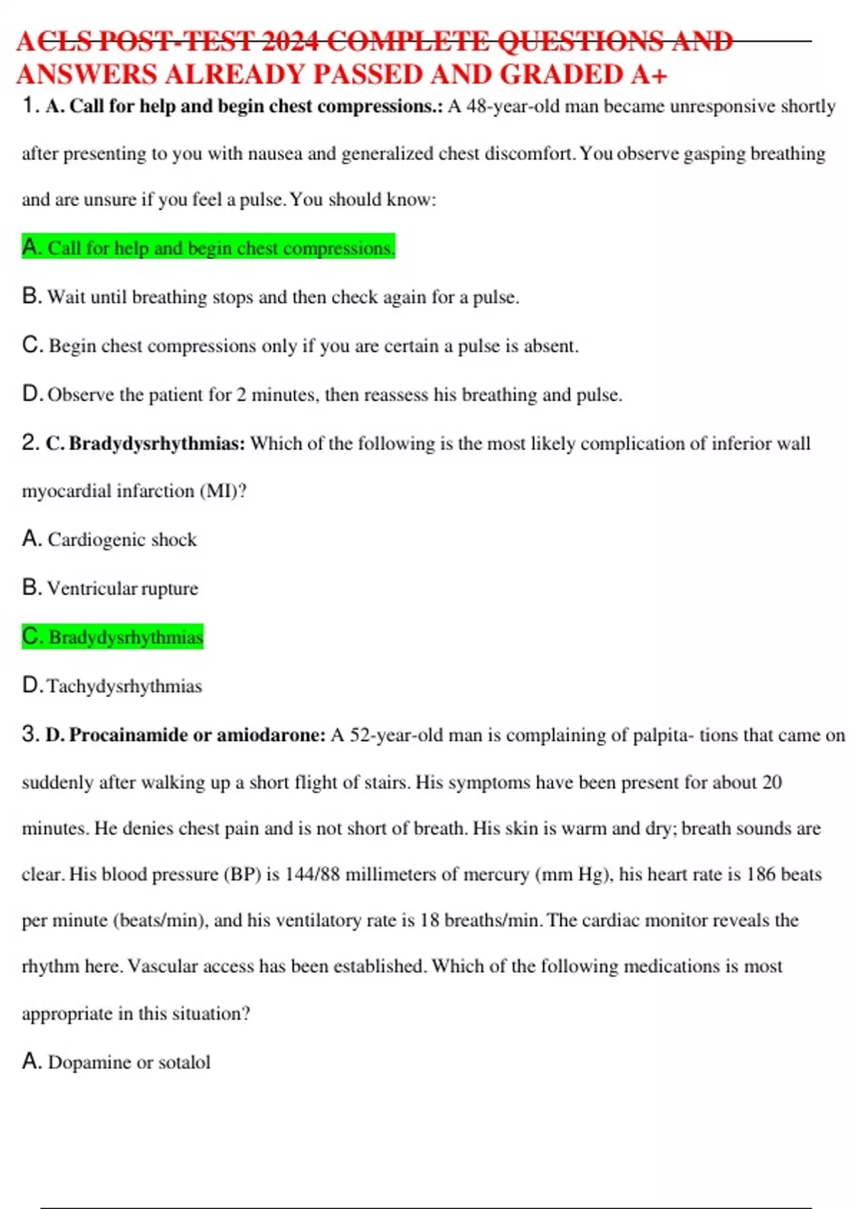 ACLS POST-TEST 2024 COMPLETE QUESTIONS AND ANSWERS ALREADY PASSED AND ...