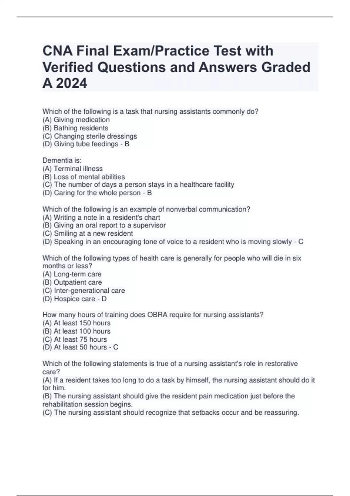 CNA Final Exam/Practice Test with Verified Questions and Answers Graded ...