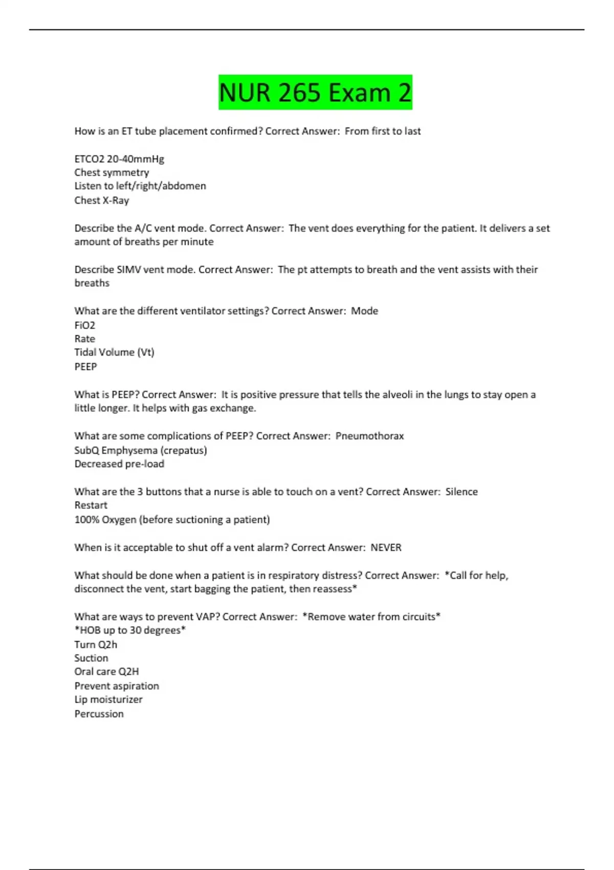 Nur 265 Exam 2 Questions and Answer with Complete Solution - Nur 265 - Stuvia US