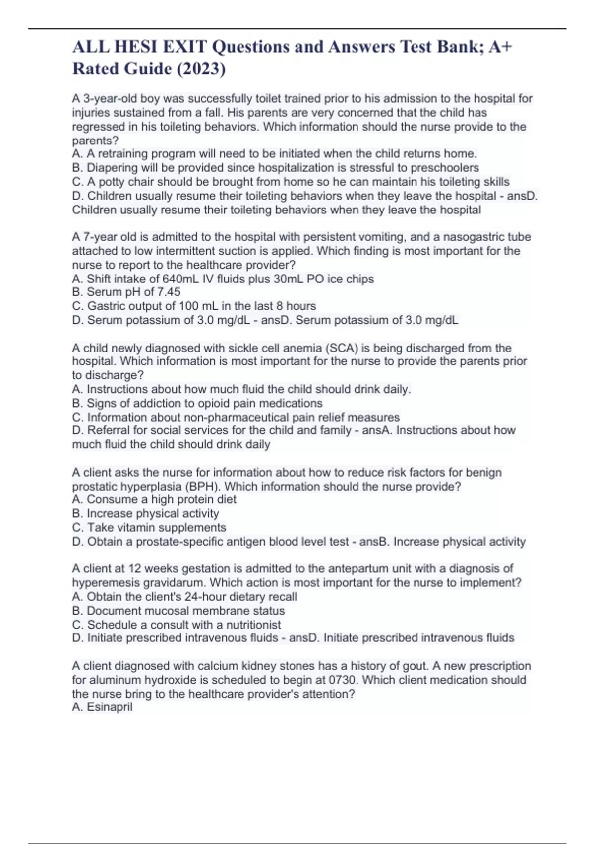 ALL HESI EXIT Questions and Answers Test Bank; A+ Rated Guide (2023 ...