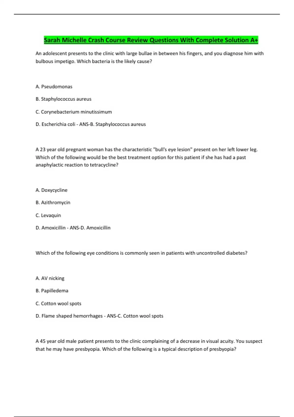 Sarah Michelle Crash Course Review Questions With Complete Solution A+ ...