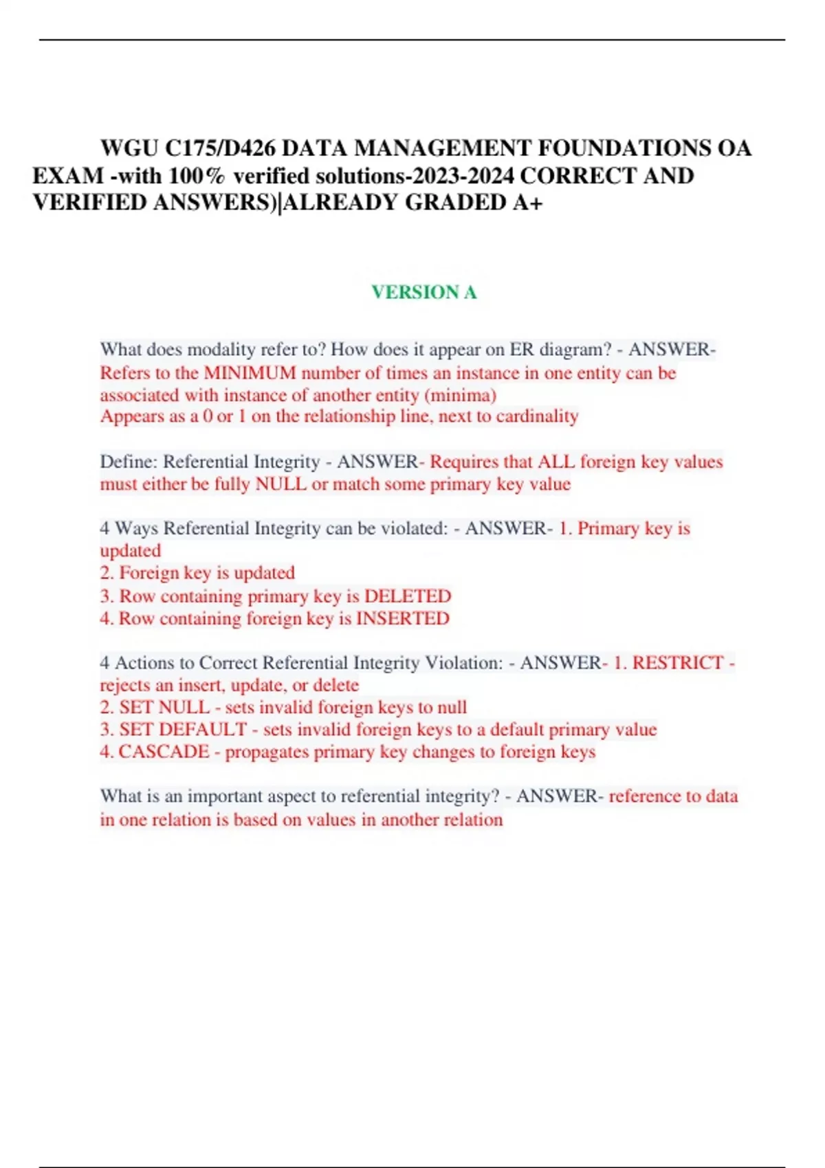 WGU C175/D426 DATA MANAGEMENT FOUNDATIONS OA EXAM -with 100% verified solutions- CORRECT AND ...