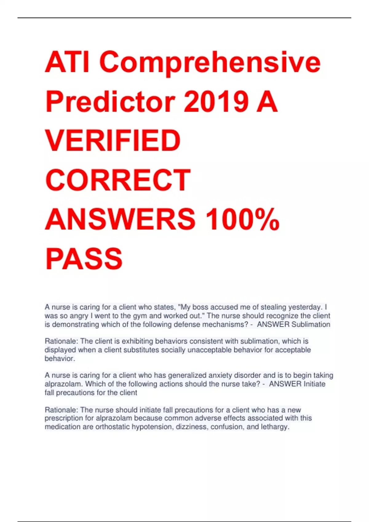 ATI Comprehensive Predictor 2019 A VERIFIED CORRECT ANSWERS 100% PASS ...