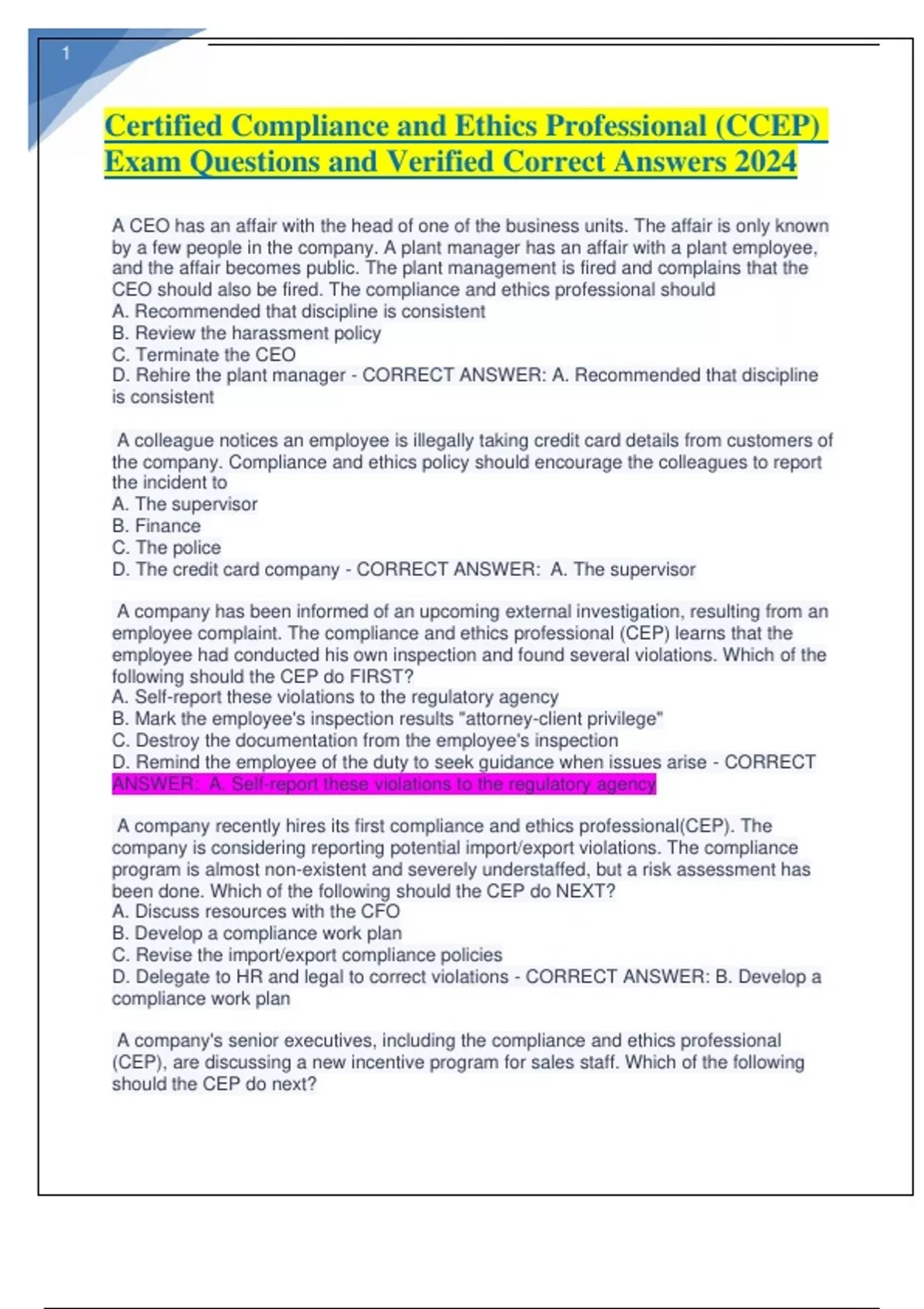 Certified Compliance and Ethics Professional (CCEP) Exam Questions and Verified Correct Answers ...