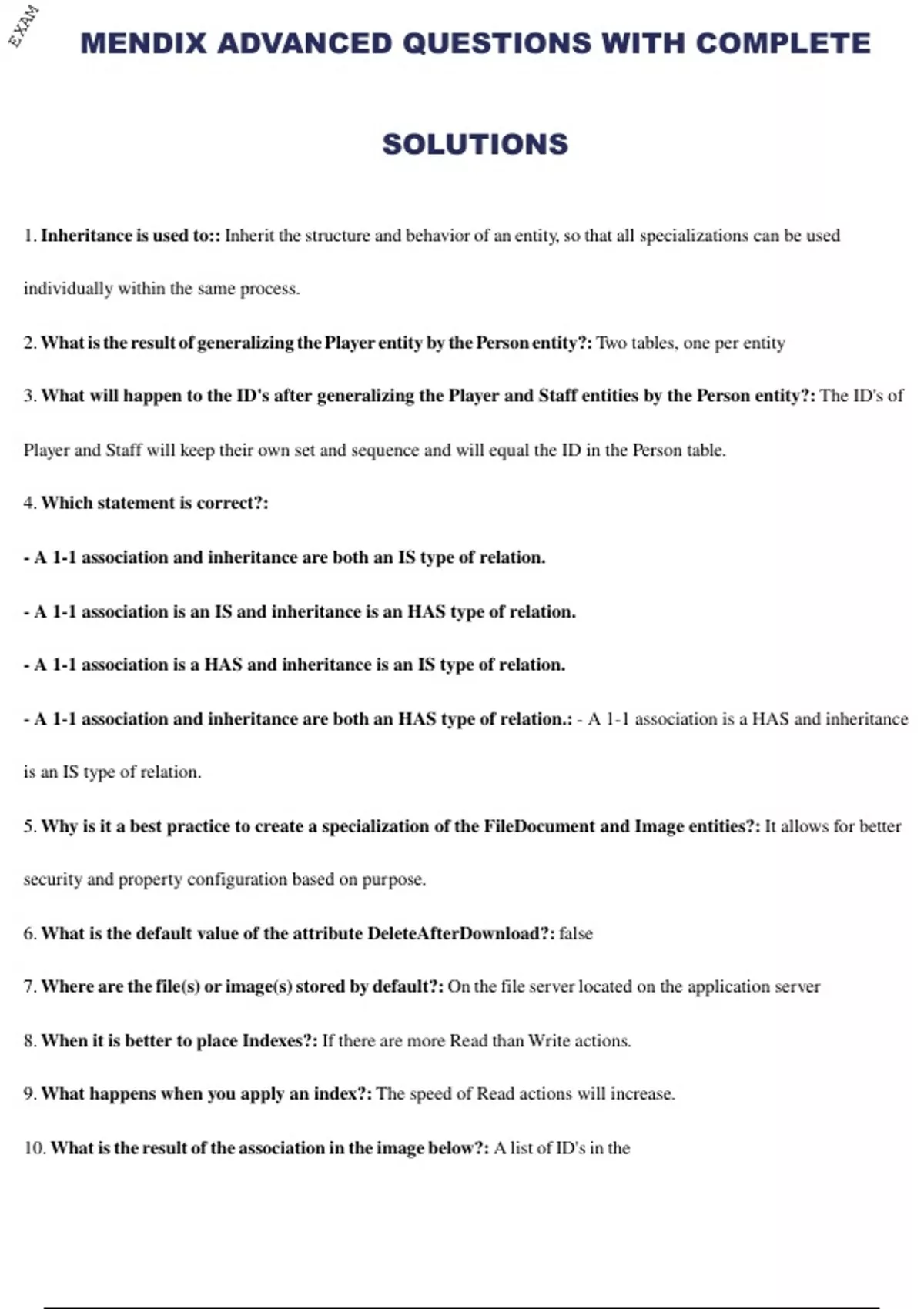 MENDIX ADVANCED QUESTIONS WITH COMPLETE SOLUTIONS - MENDIX - Stuvia NL