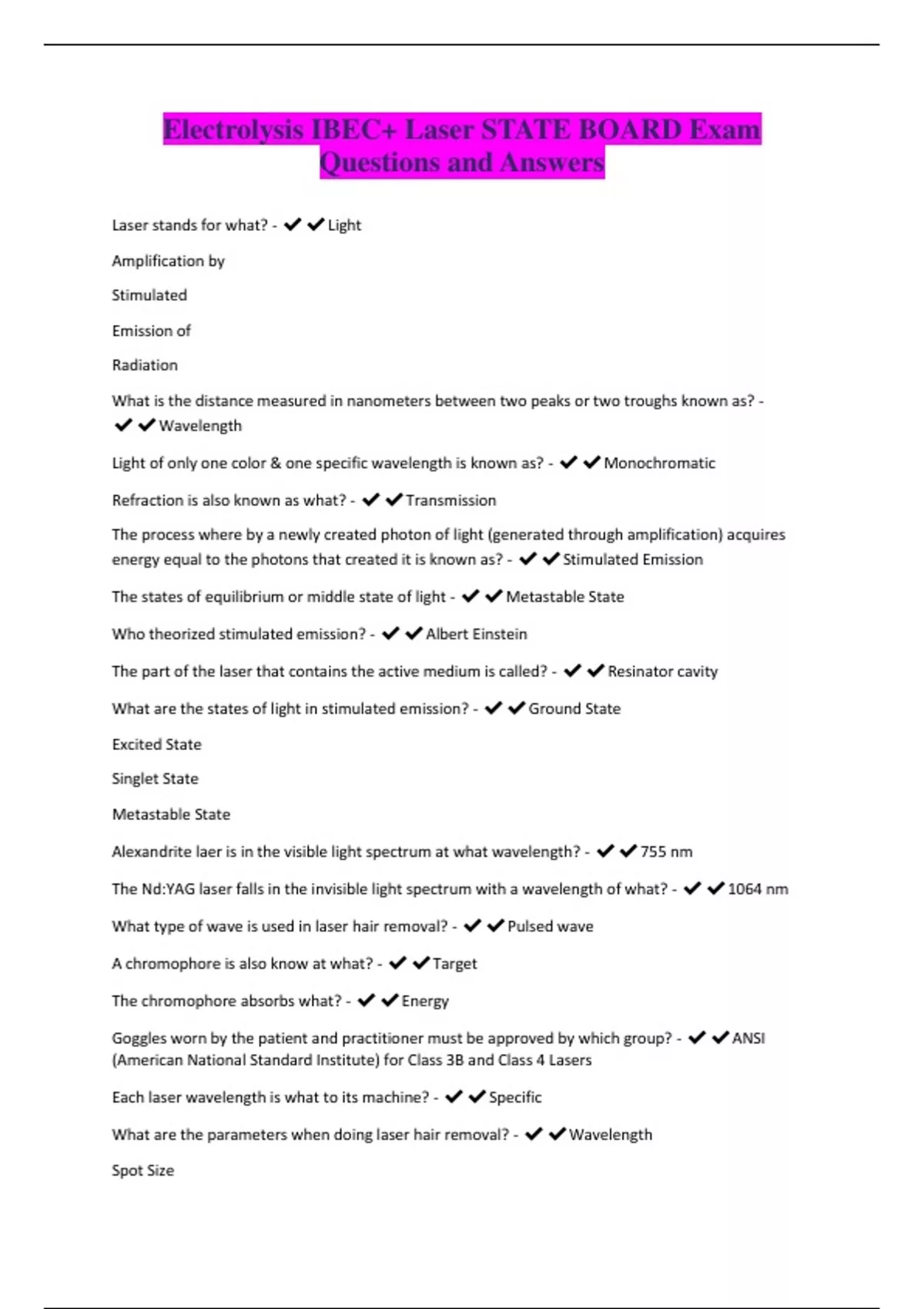 ELECTROLYSIS IBEC+ LASER STATE BOARD EXAM ACTUAL 2025/2026 QUESTIONS ...